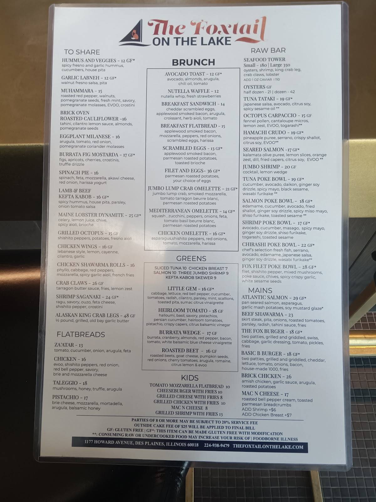 Menu at The Foxtail On The Lake pub & bar, Des Plaines