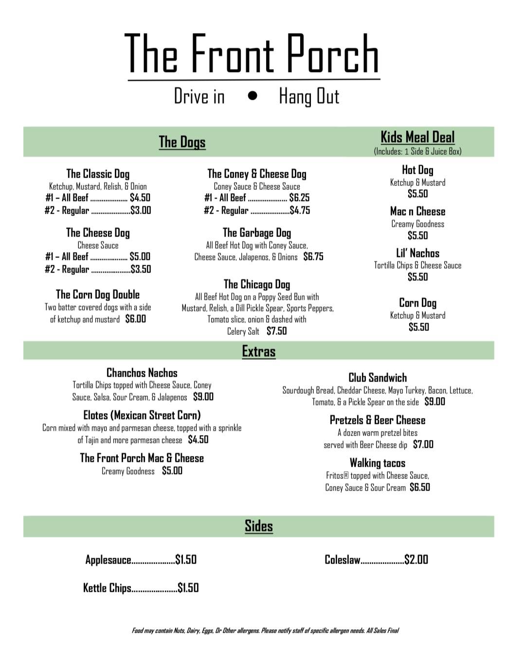Menu at The Front Porch restaurant, Galesburg