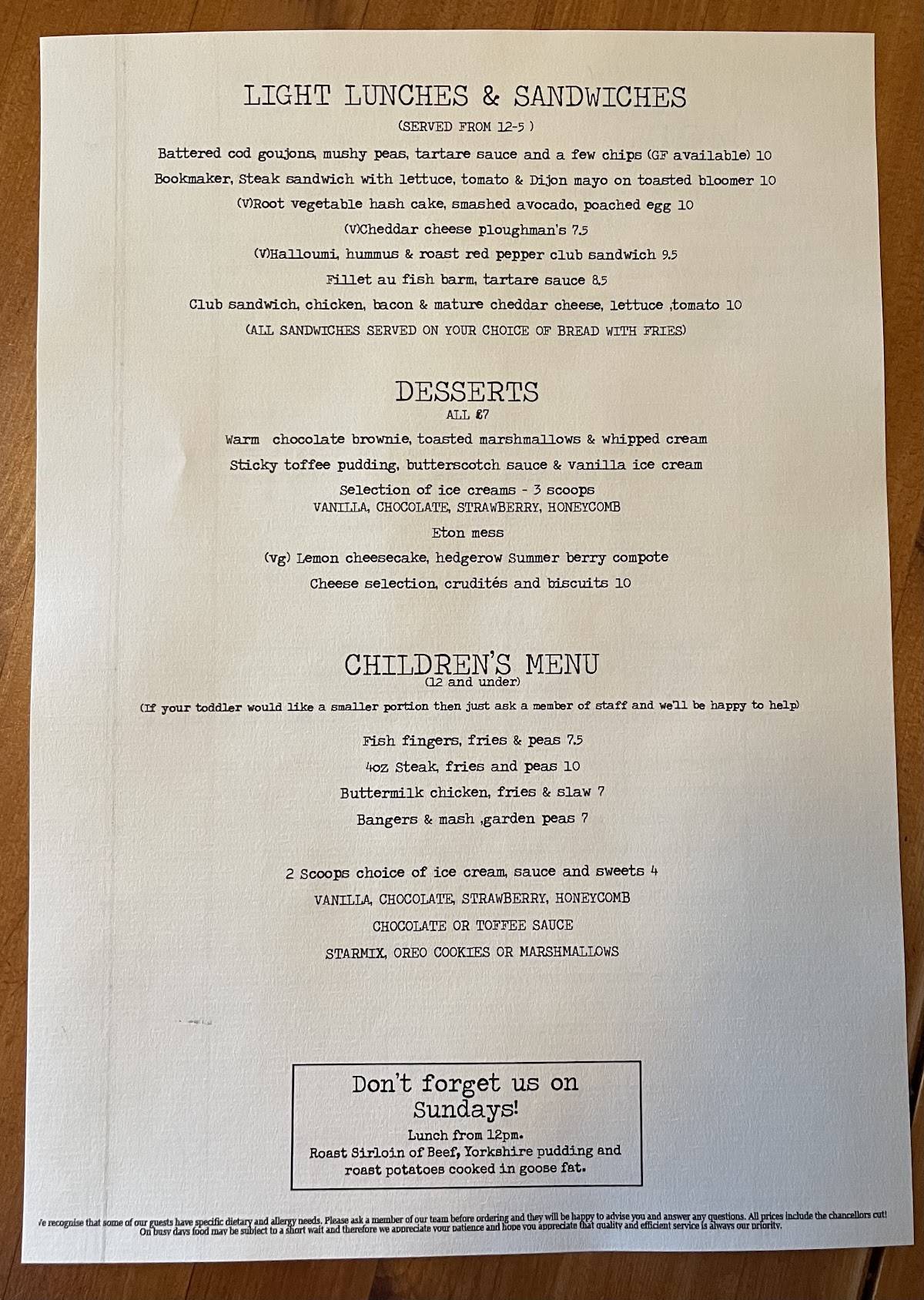 Menu at The Frozen Mop pub & bar, Peover Superior, Faulkner's Ln