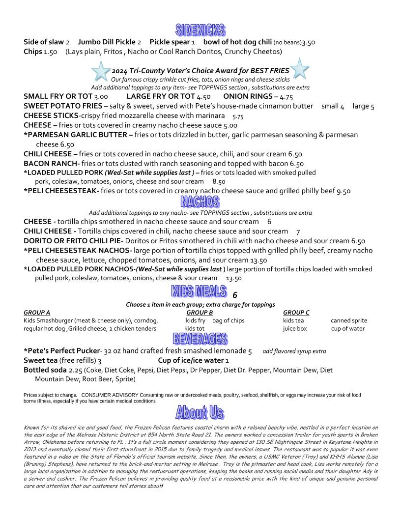Menu at The Frozen Pelican restaurant, Melrose