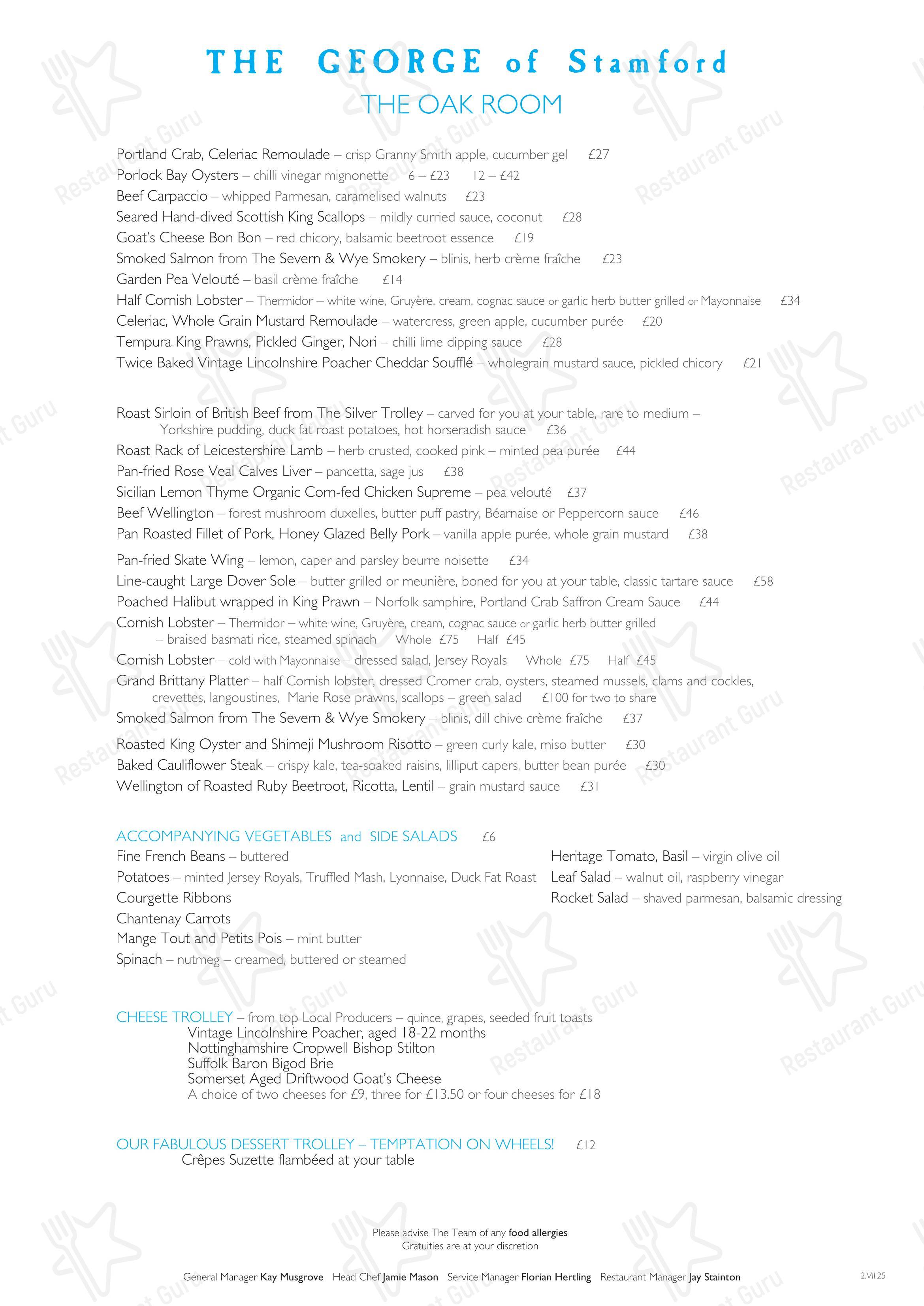 Menu at The George Hotel of Stamford restaurant, Stamford