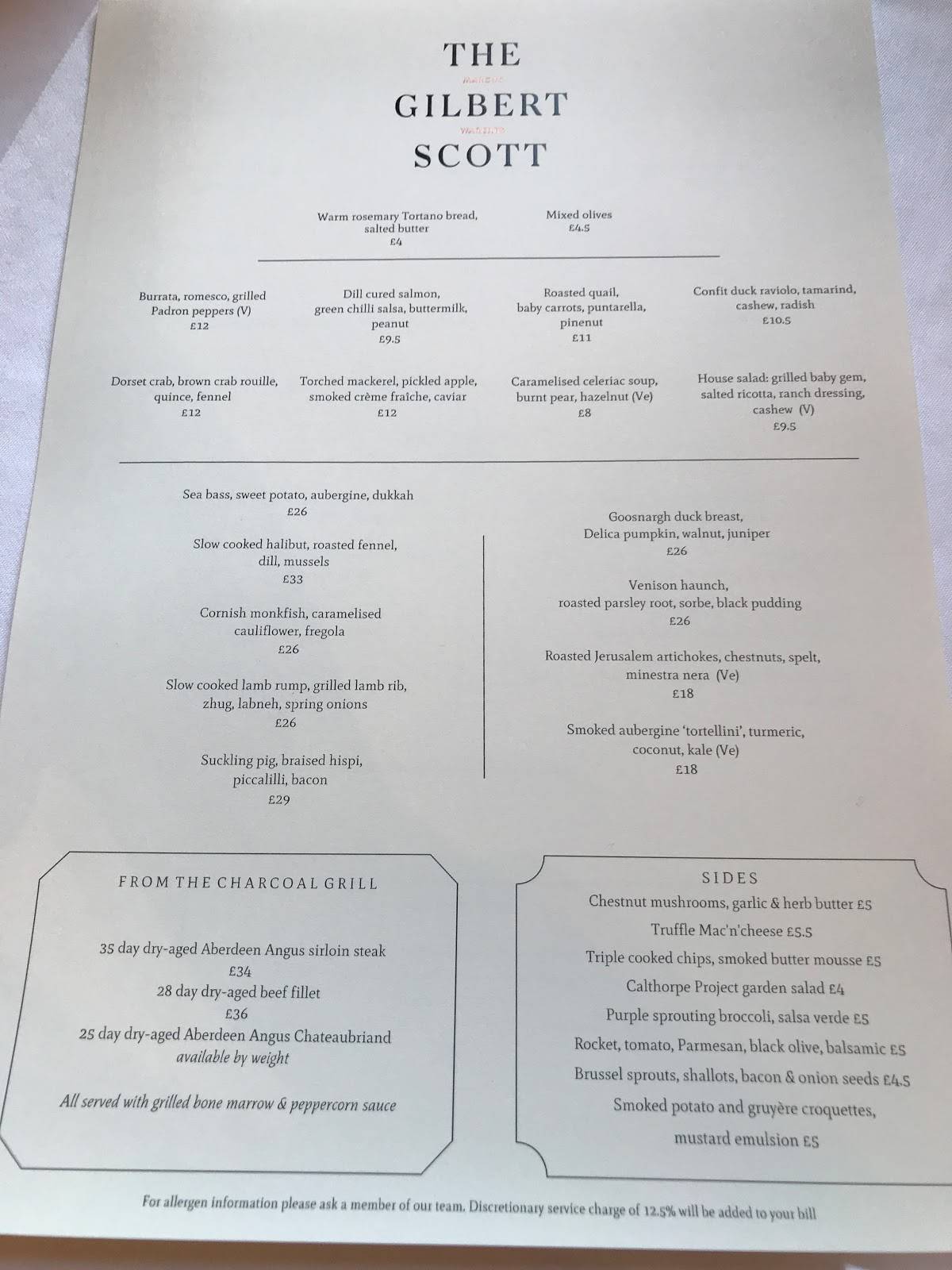 Menu at The Gilbert Scott restaurant, London