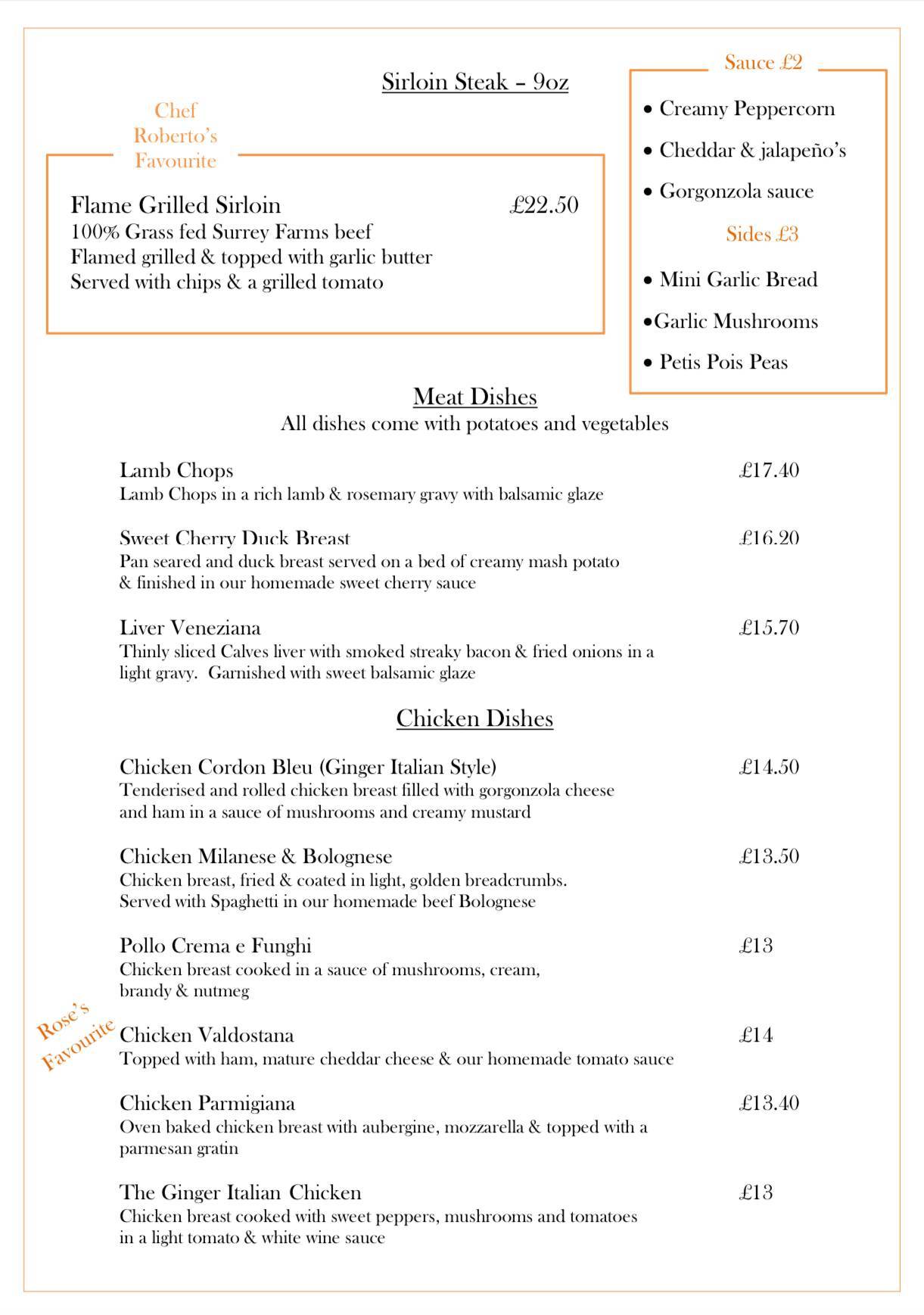 Menu at The Ginger Italian restaurant, Carshalton
