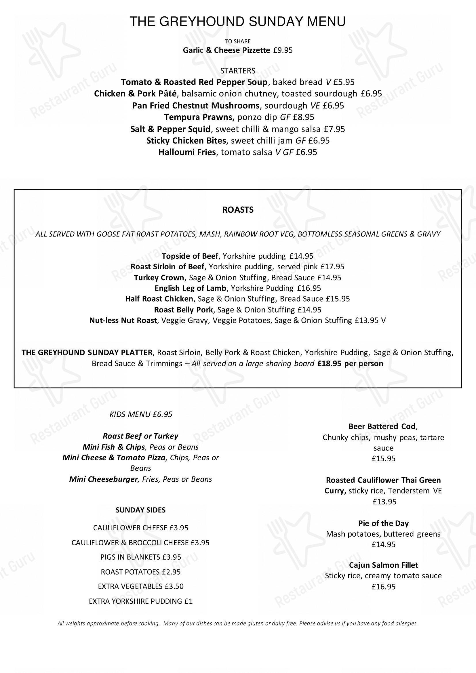 Menu at The Greyhound Inn pub & bar, Wolverhampton, The Greyhound