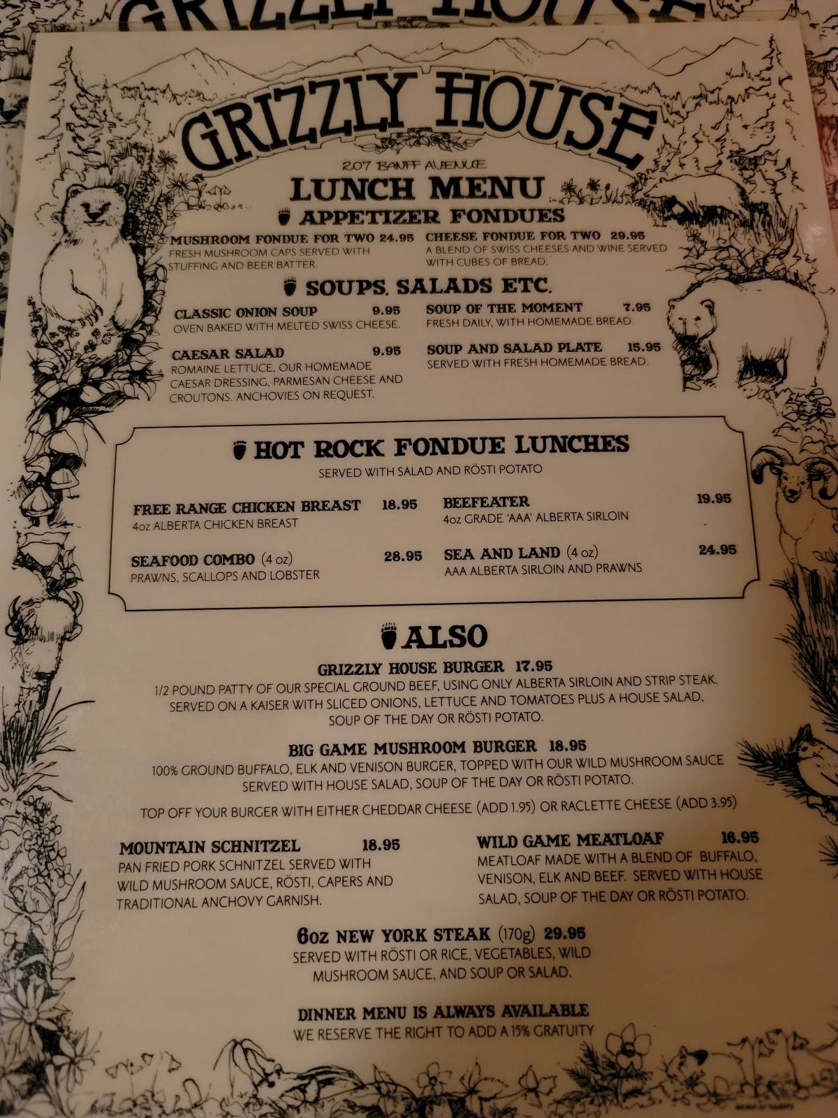 Menu at The Grizzly House restaurant, Banff