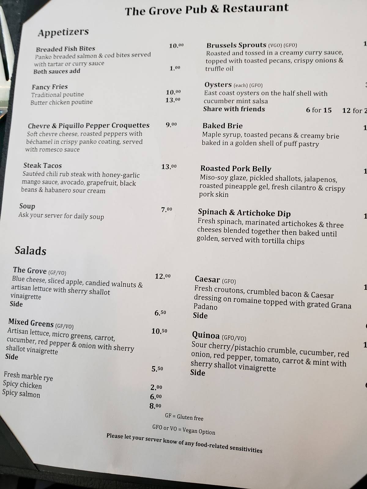 Menu at The Grove Pub & Restaurant, Winnipeg