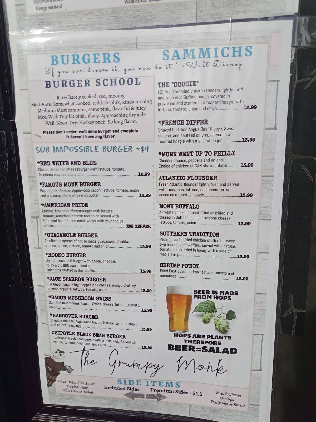 Menu at The Grumpy Monk Broadway restaurant, Myrtle Beach