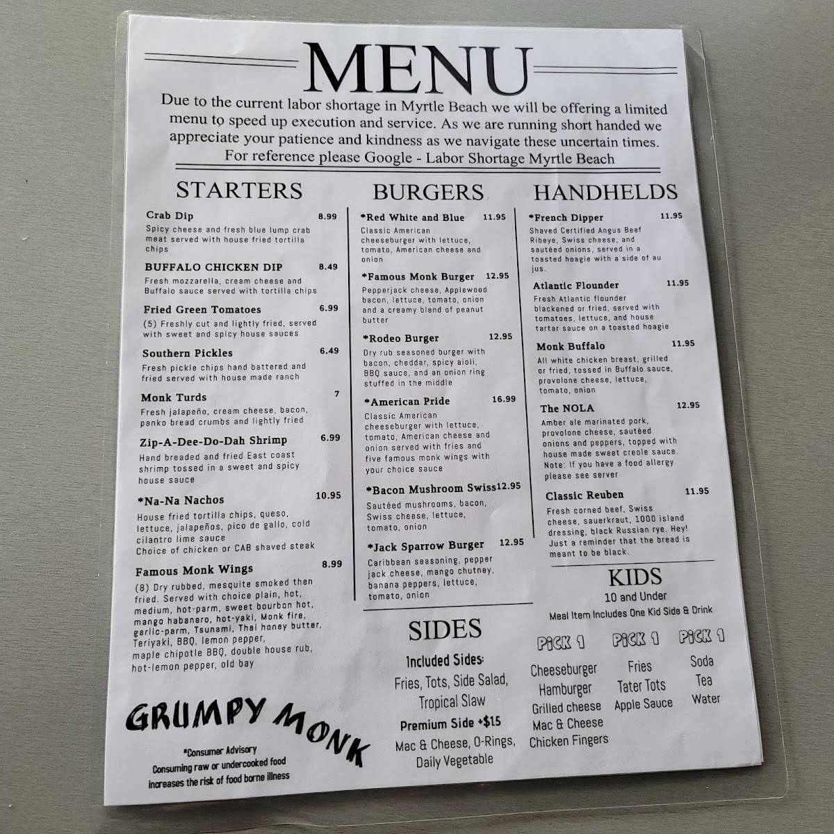 Menu at The Grumpy Monk Broadway restaurant, Myrtle Beach