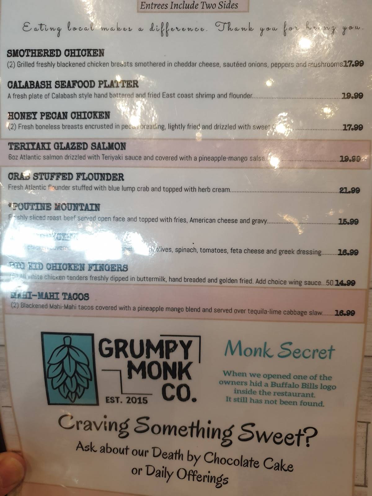 Menu at The Grumpy Monk Broadway restaurant, Myrtle Beach