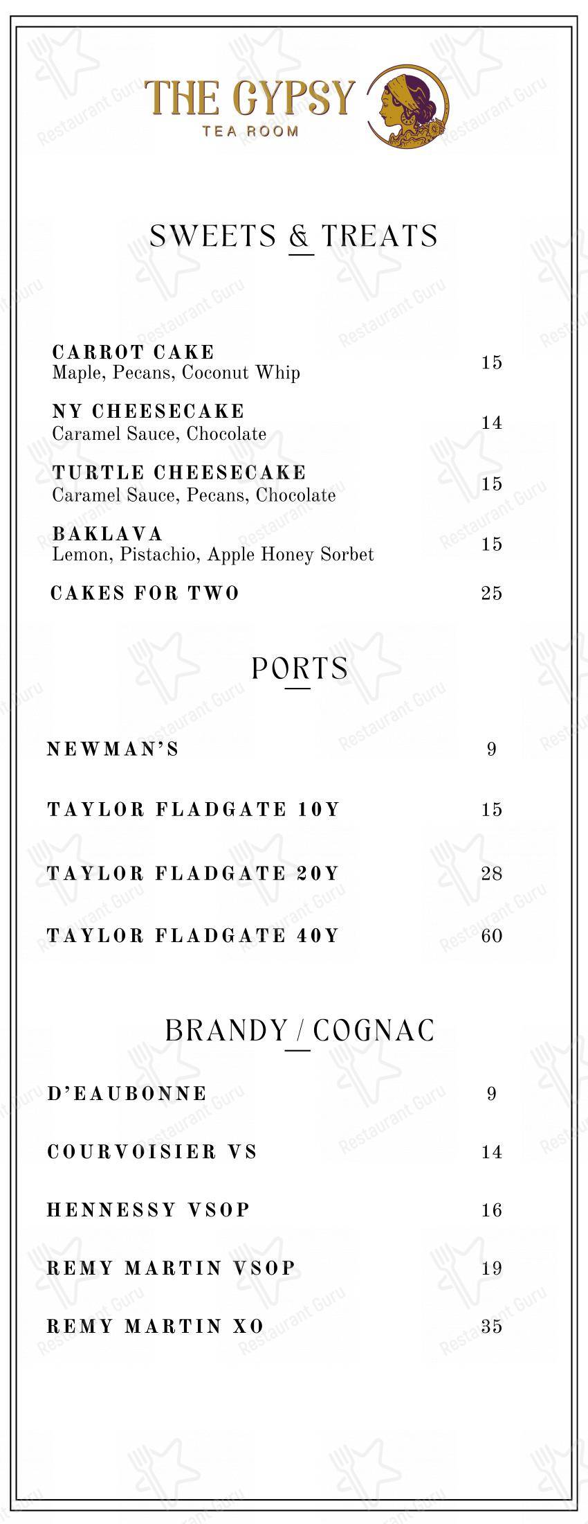 Menu at The Gypsy Tea Room restaurant, St. John's