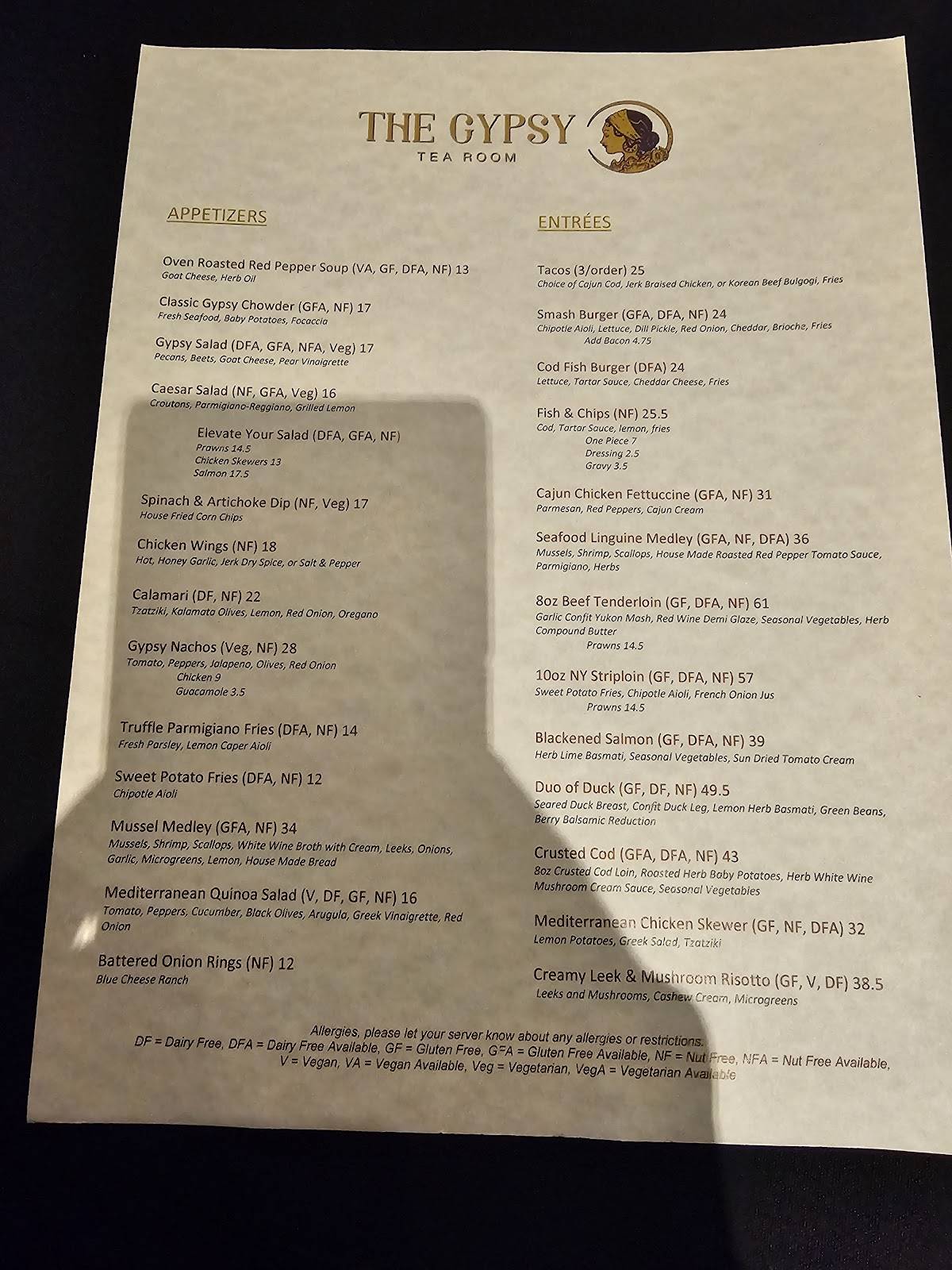 Menu at The Gypsy Tea Room restaurant, St. John's