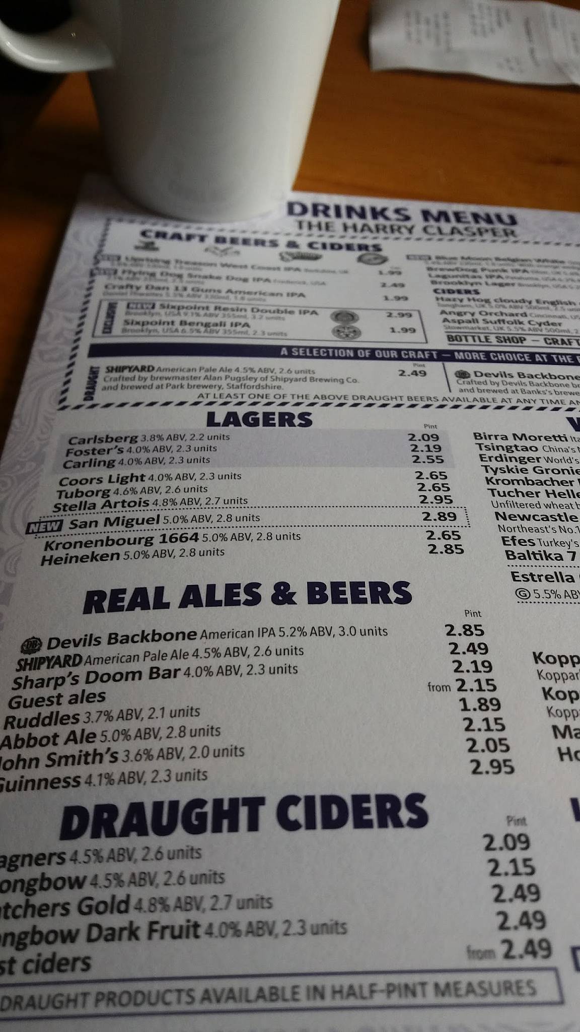 Menu at The Harry Clasper - JD Wetherspoon pub & bar, Newcastle upon Tyne