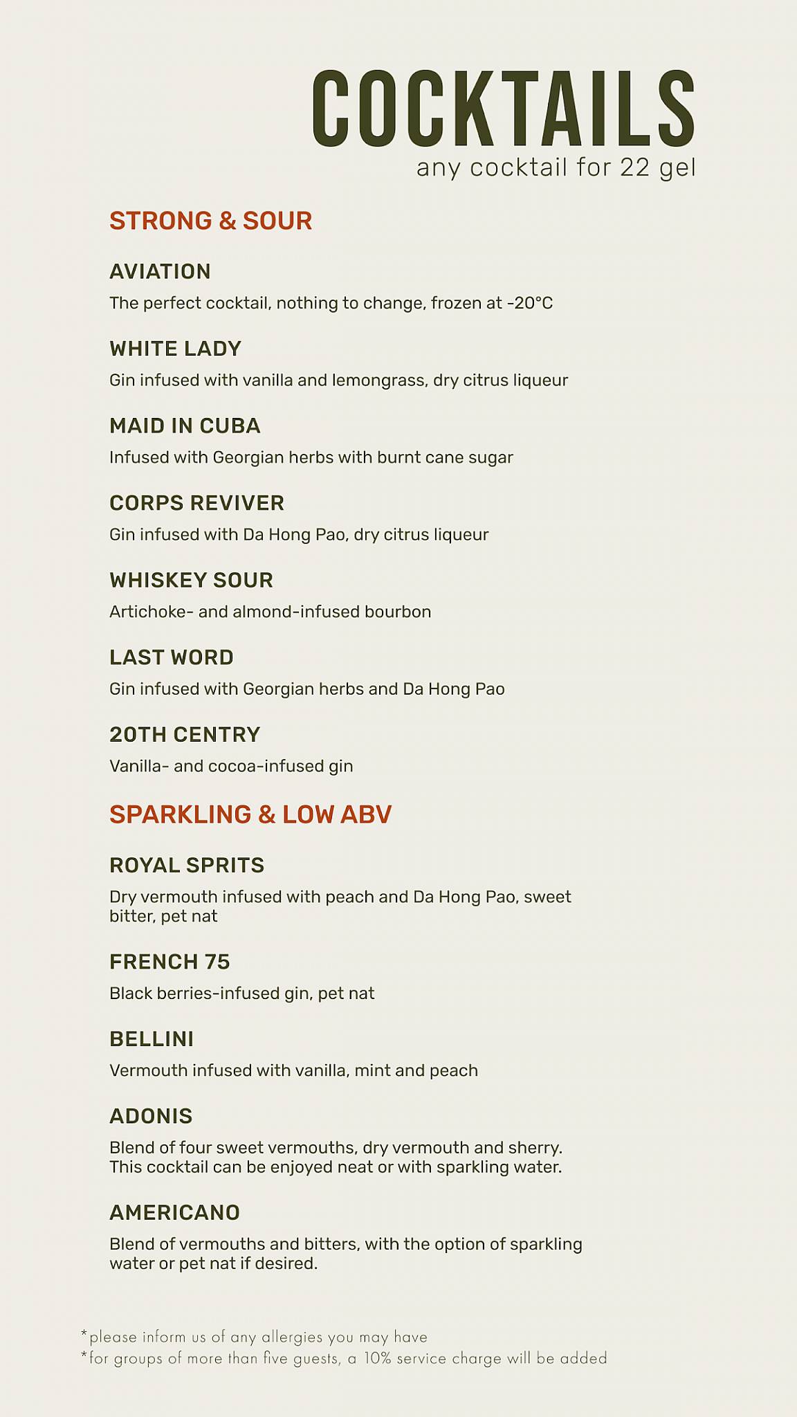Menu at The Hidden bar, Tbilisi