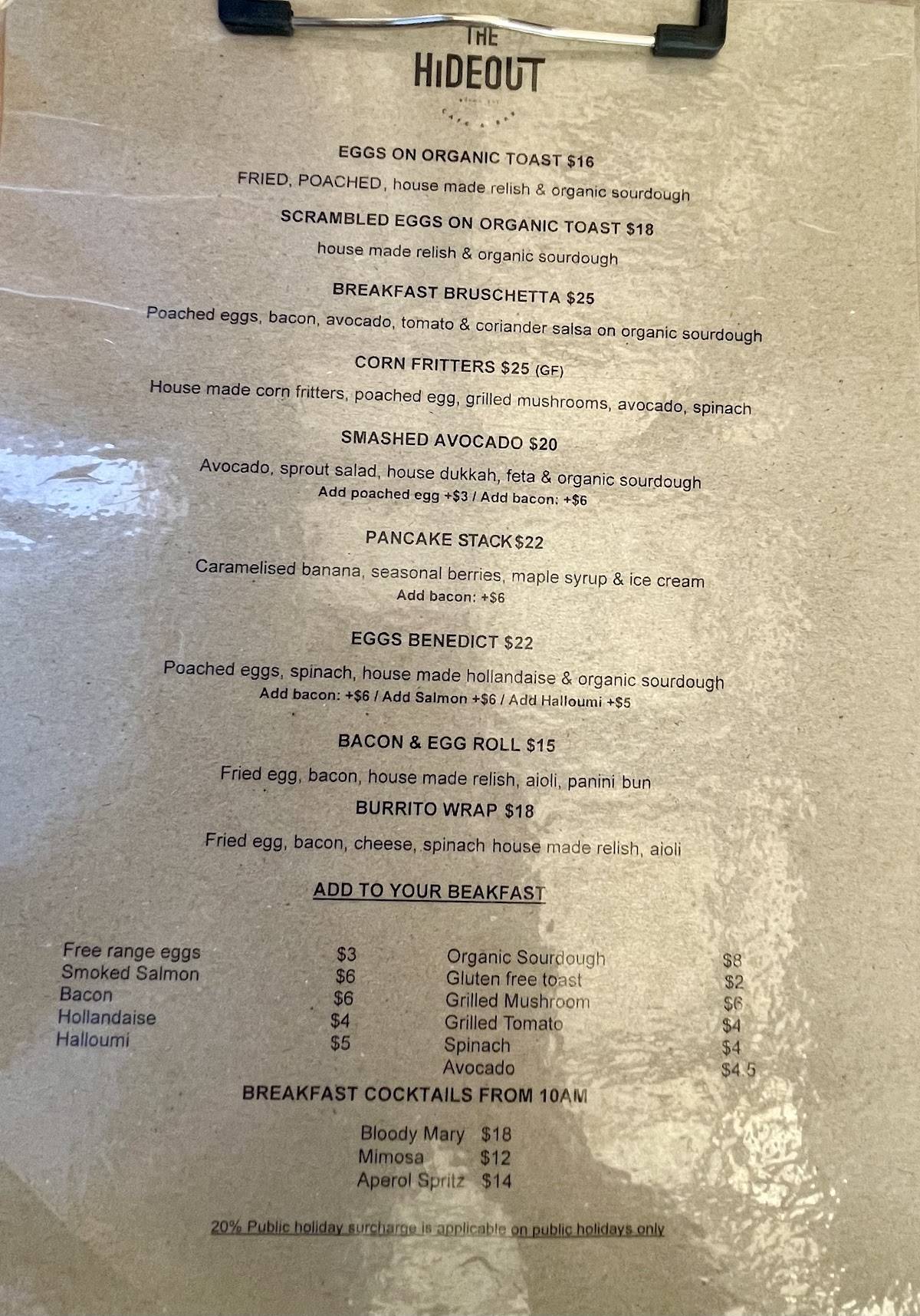 Menu at The Hideout cafe byron bay, Byron Bay
