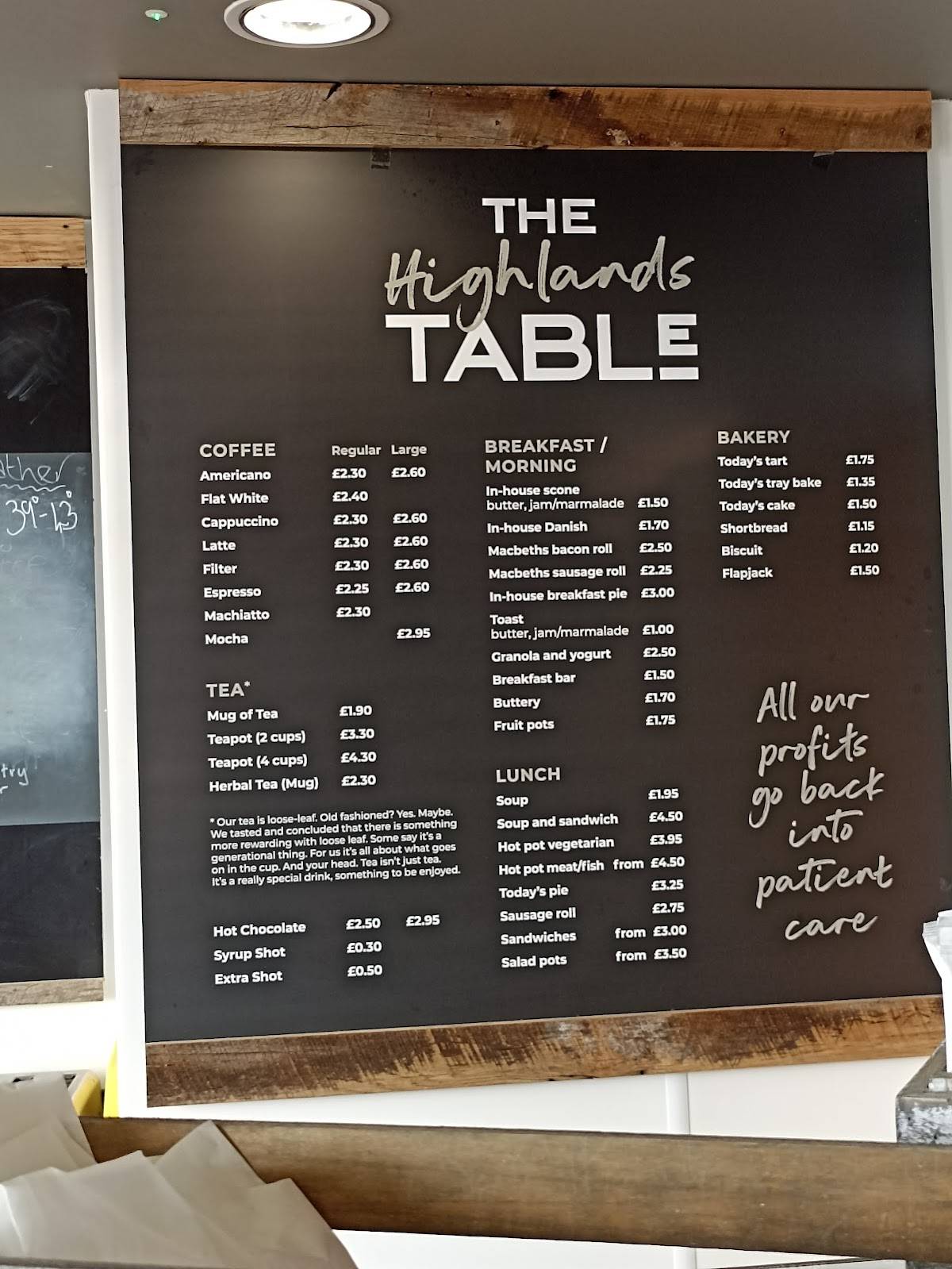 Carta del café The Highlands Table, Inverness