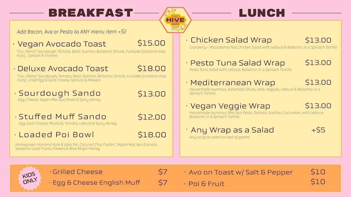 Menu at The Hive cafe, Honomu