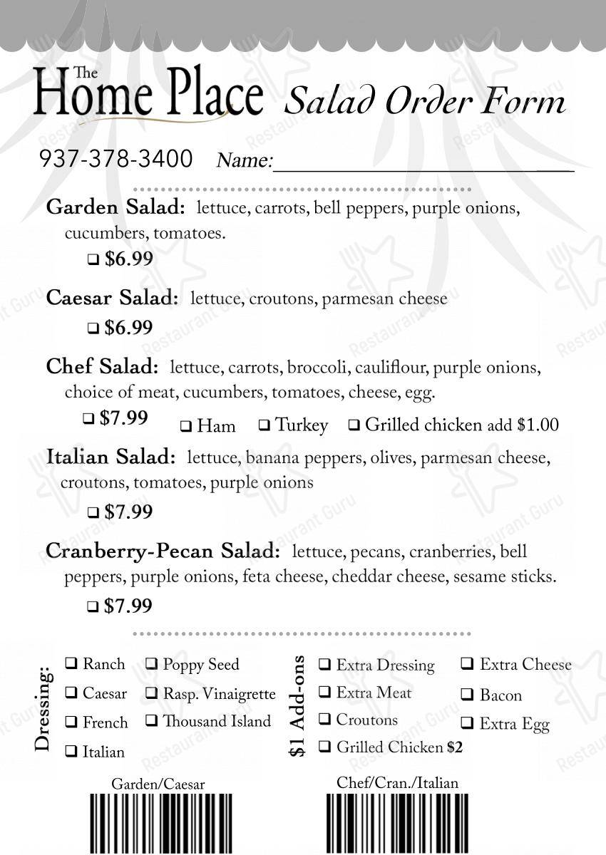 Menu at The Home Place restaurant, Georgetown