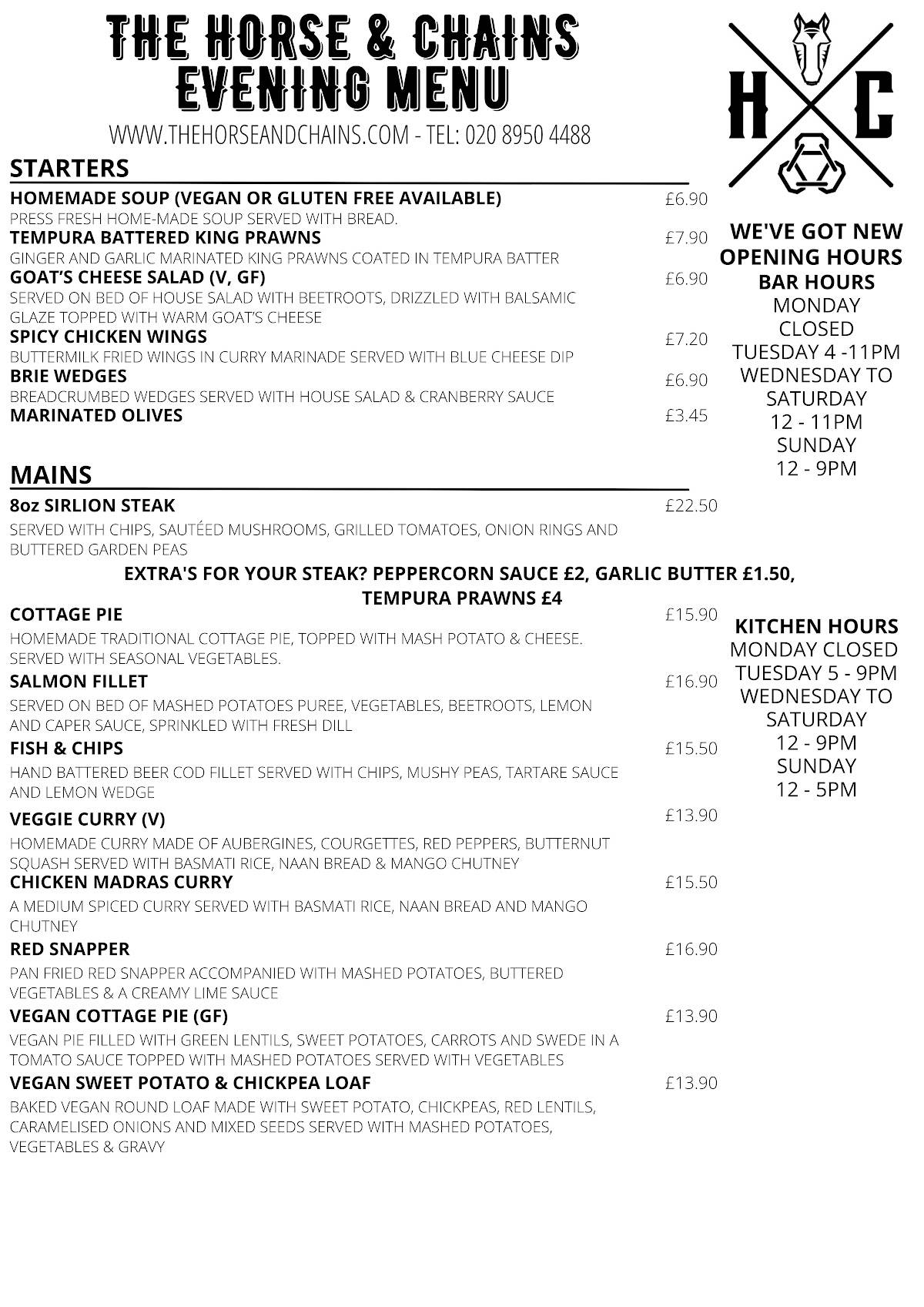 Menu at The Horse & Chains pub & bar, Bushey