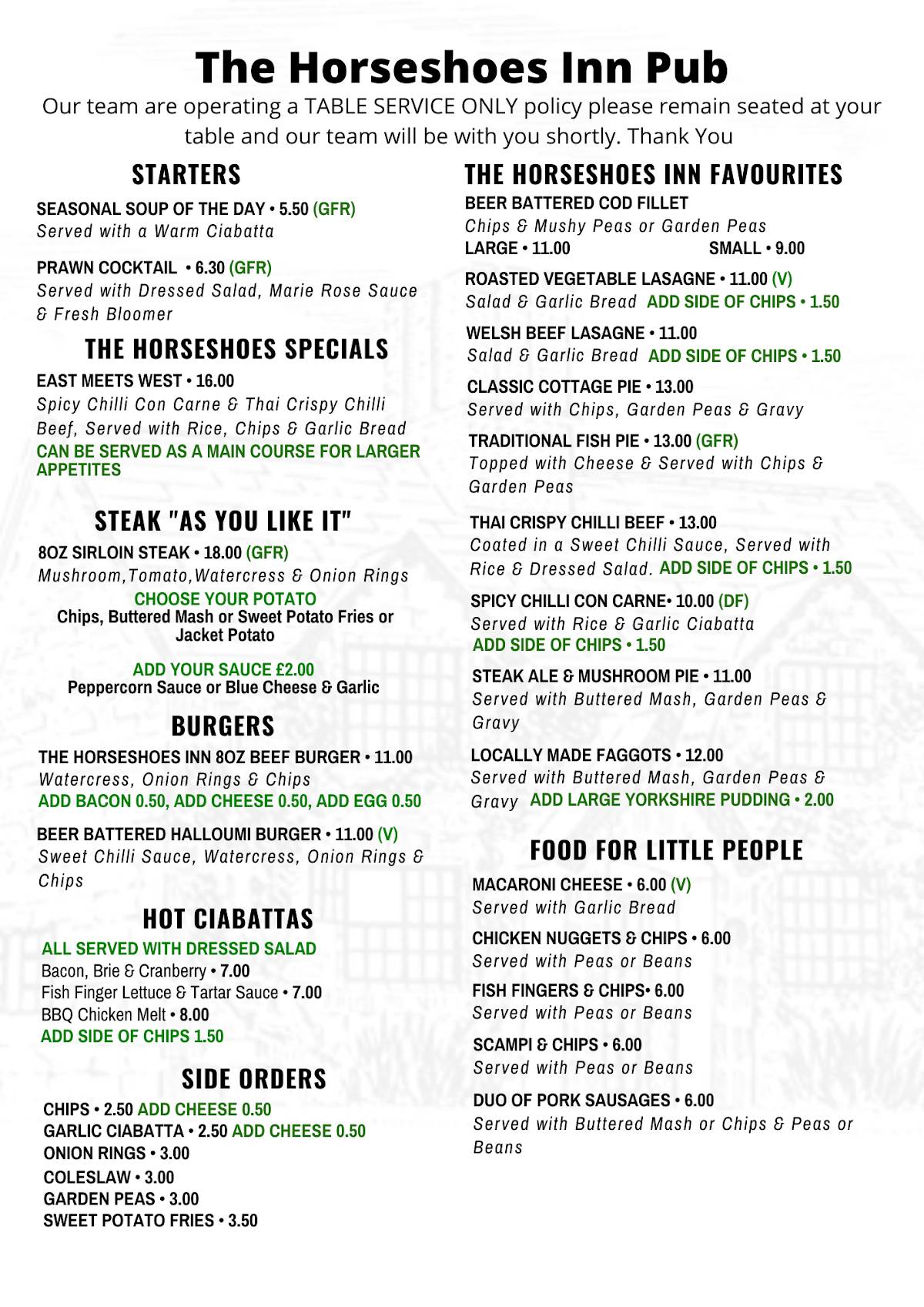 Menu at The Horseshoes Inn pub & bar, Welshpool