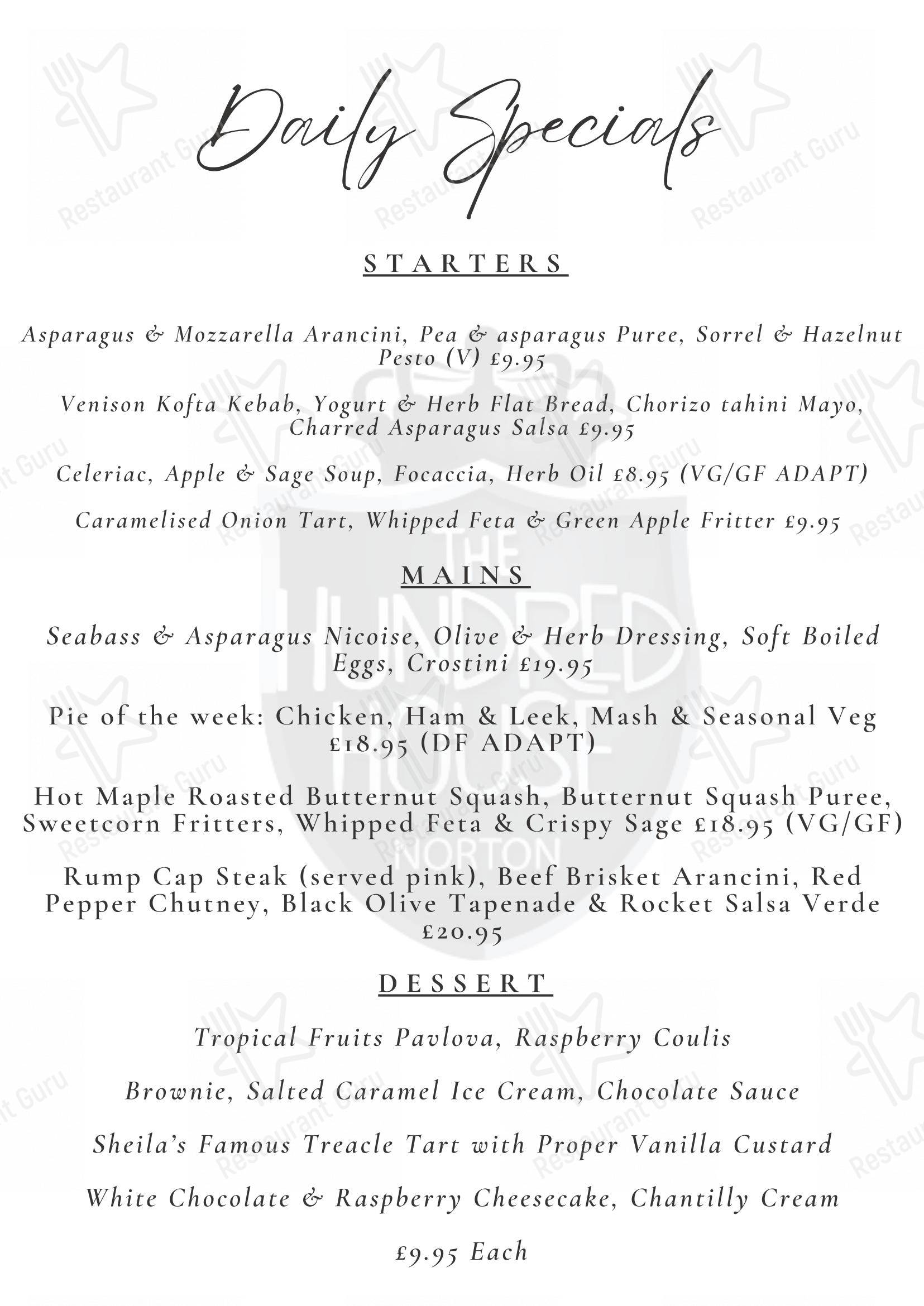Menu at The Hundred House pub & bar, Ironbridge Gorge Civil Parish ...