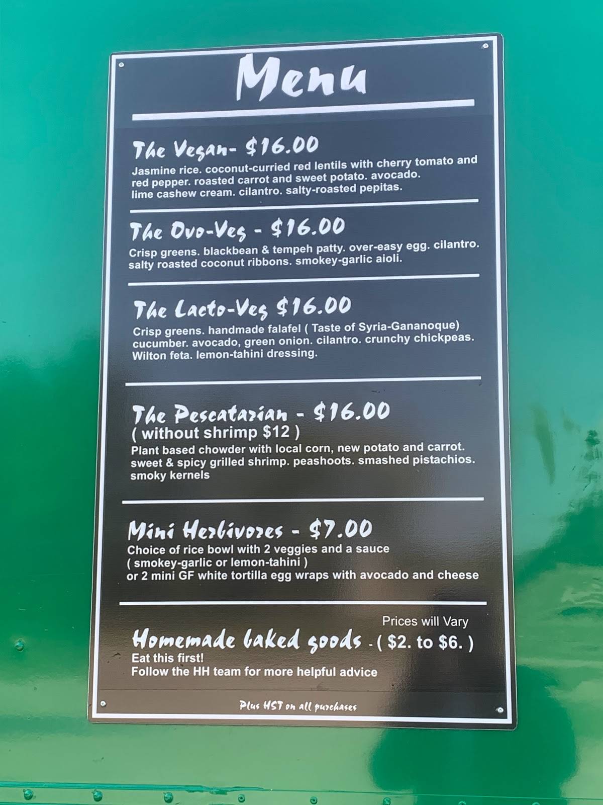 Menu at The Hungry Herbivore (food truck) restaurant, Gananoque