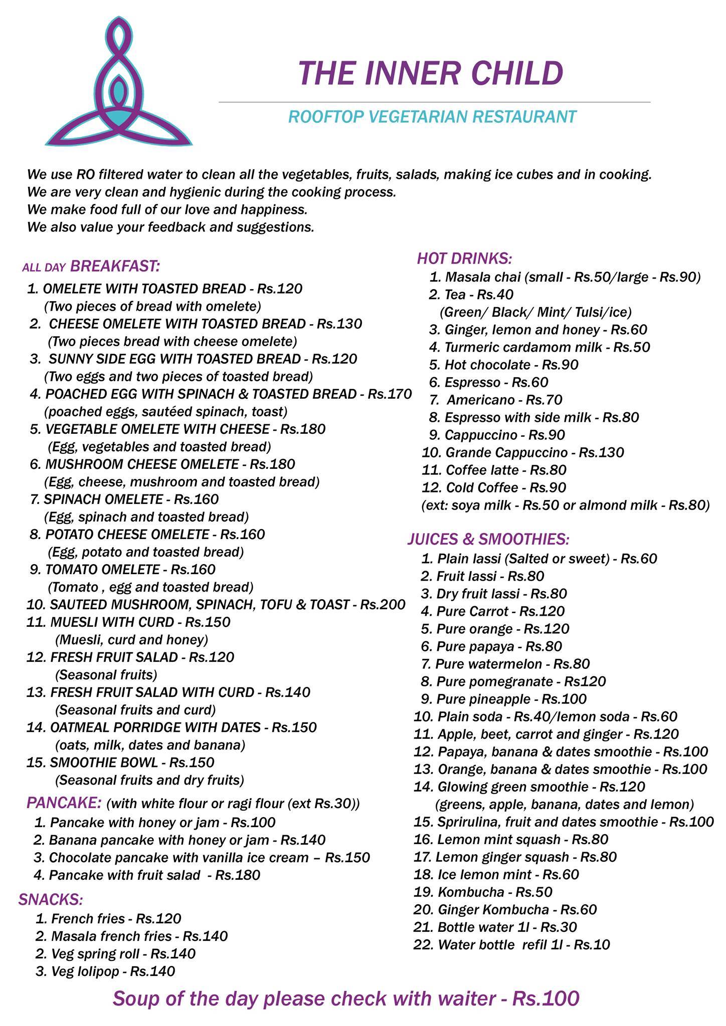 Menu at The Inner Child Restaurant, Tiruvannamalai