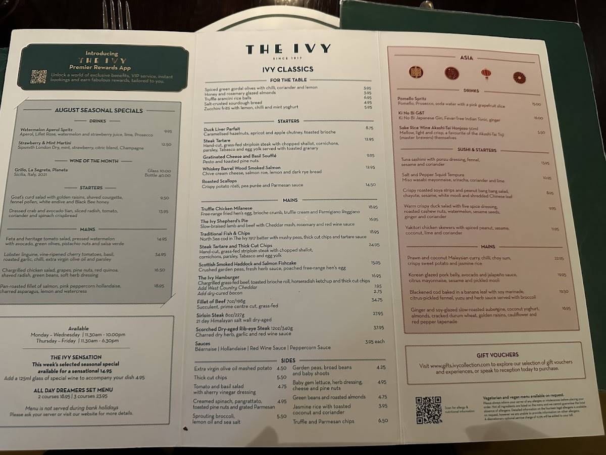 Menu at The Ivy Royal Tunbridge Wells restaurant, Royal Tunbridge Wells