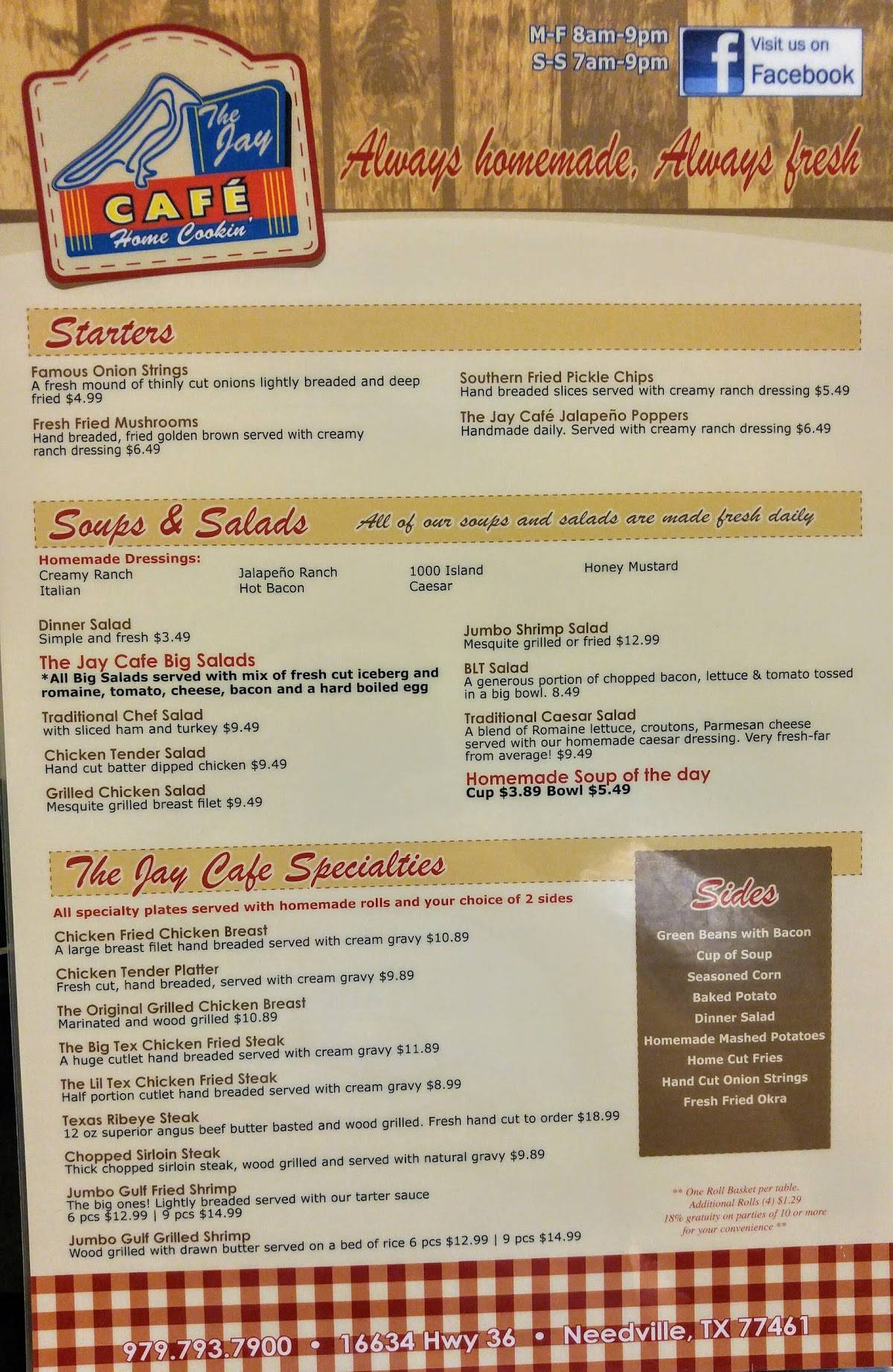 Menu at The Jay Cafe, Needville