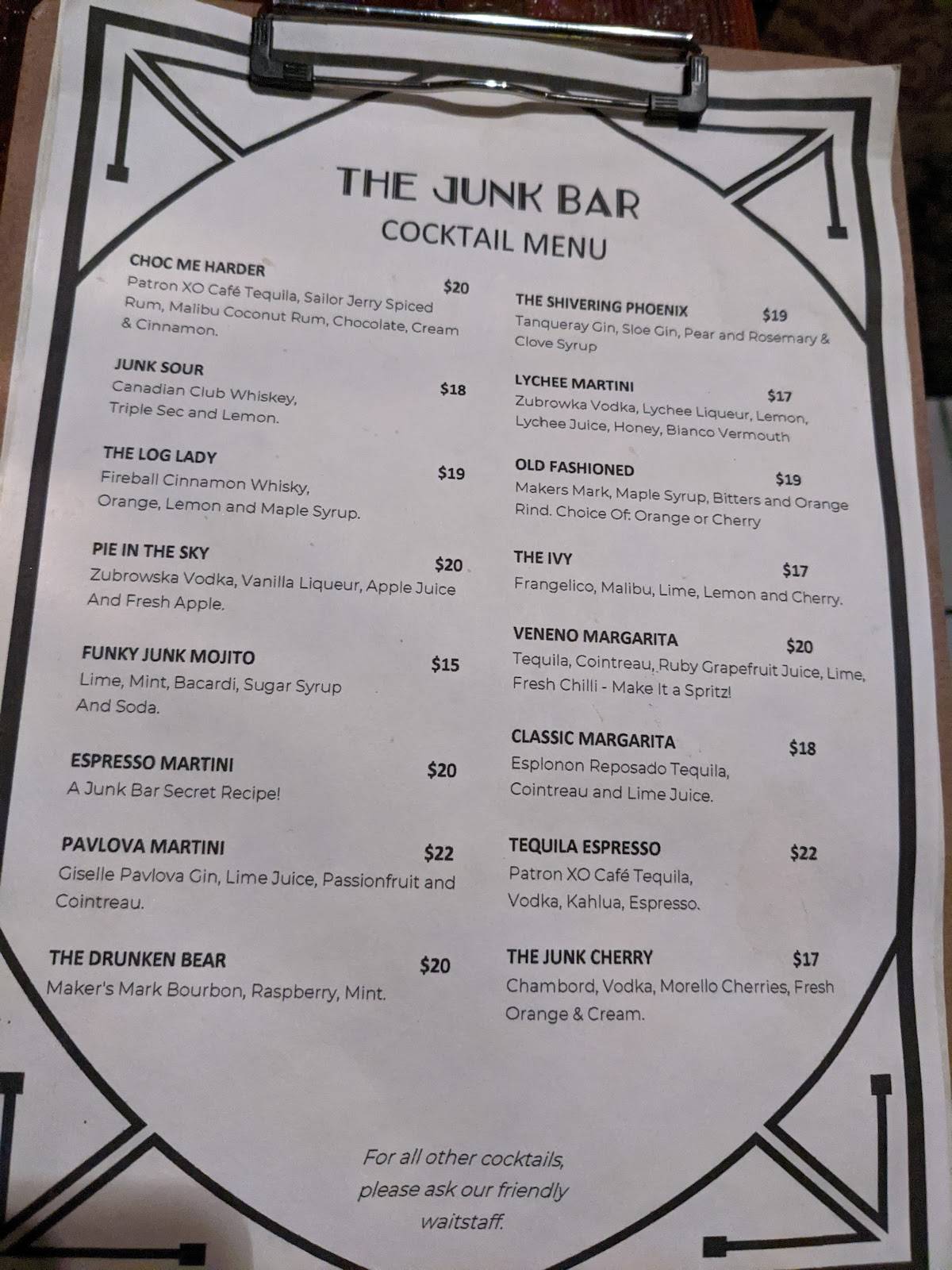Menu at The Junk Bar, Ashgrove, 215 Waterworks Rd