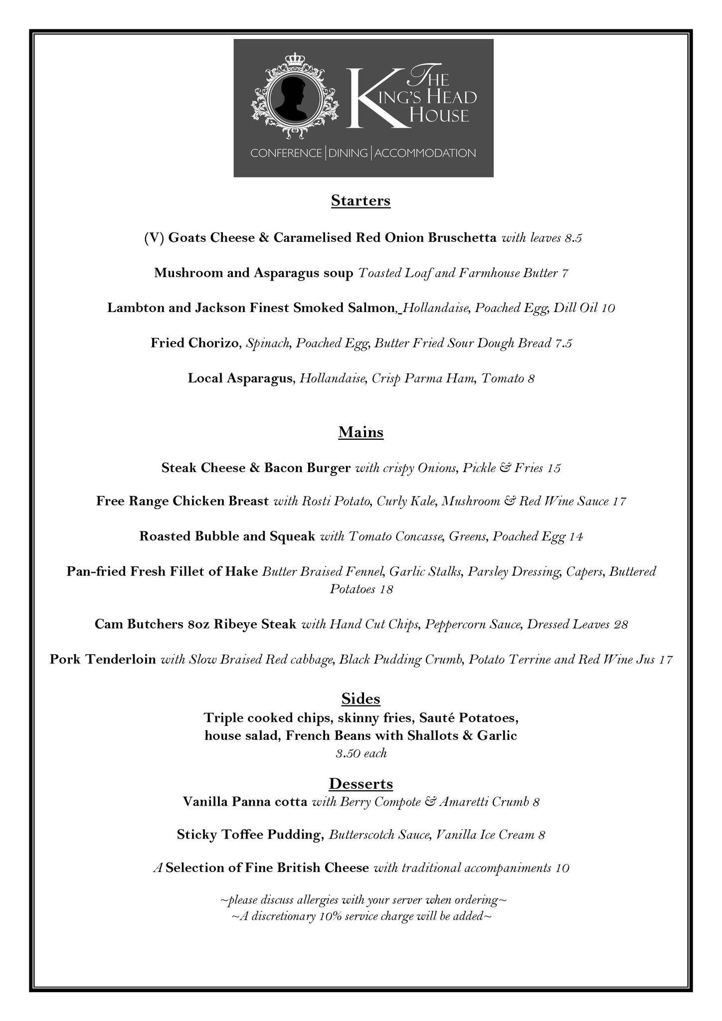 Menu at The Kings Head House Hotel pub & bar, Stonehouse, Bath Rd