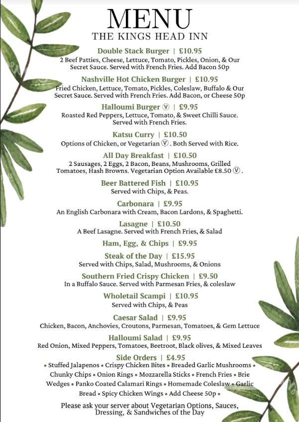 Menu at The Kings Head Inn pub & bar, Billingshurst