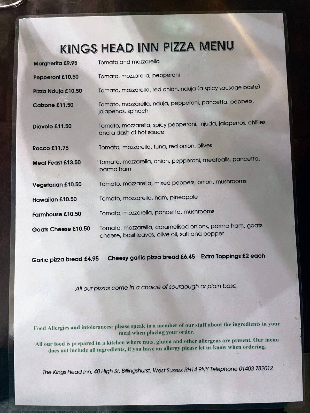 Menu at The Kings Head Inn pub & bar, Billingshurst