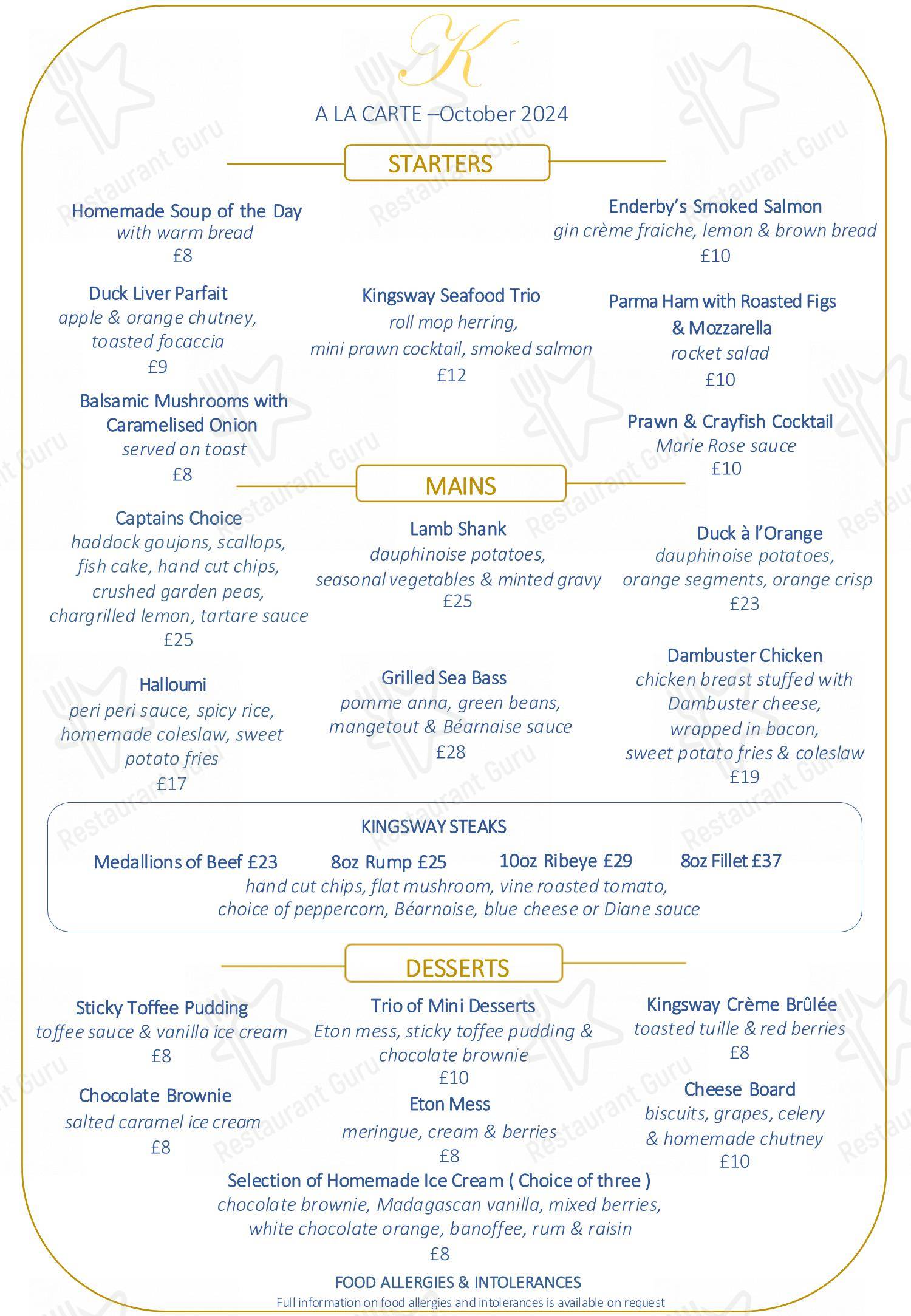 Menu at The Kingsway Hotel restaurant, Cleethorpes