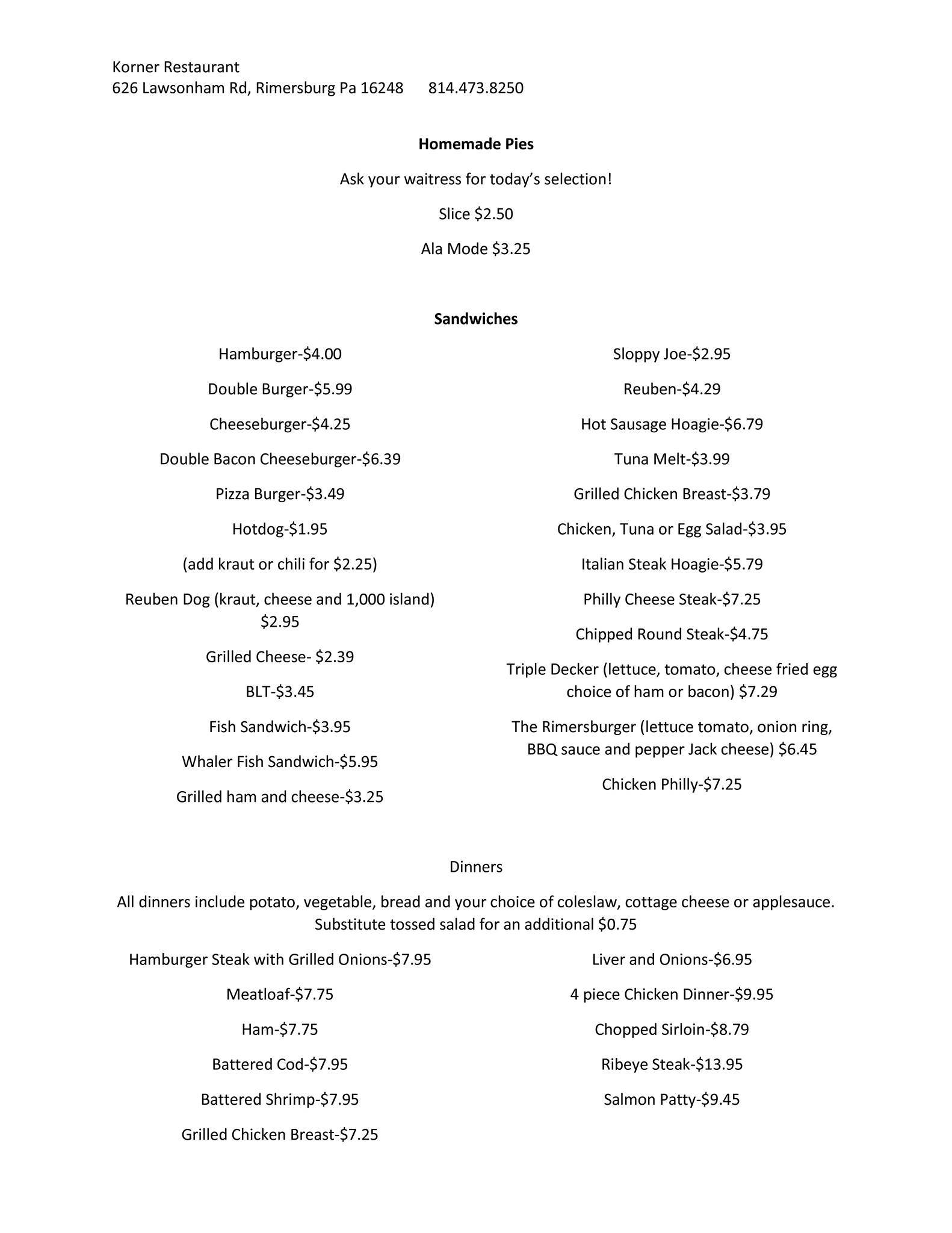 Menu at The Korner Restaurant, Rimersburg, 626 Lawsonham Rd