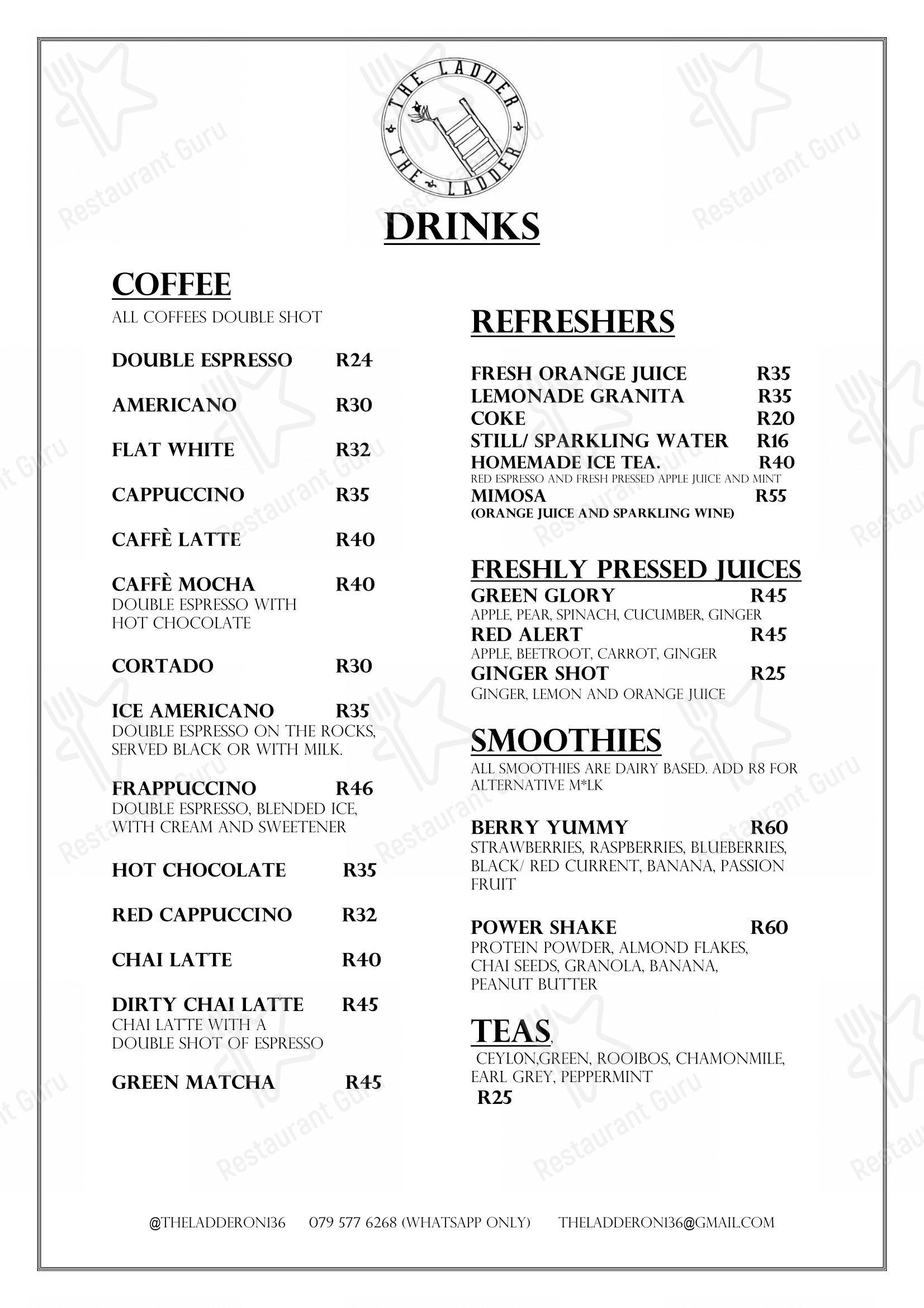 Menu at The Ladder cafe, Cape Town