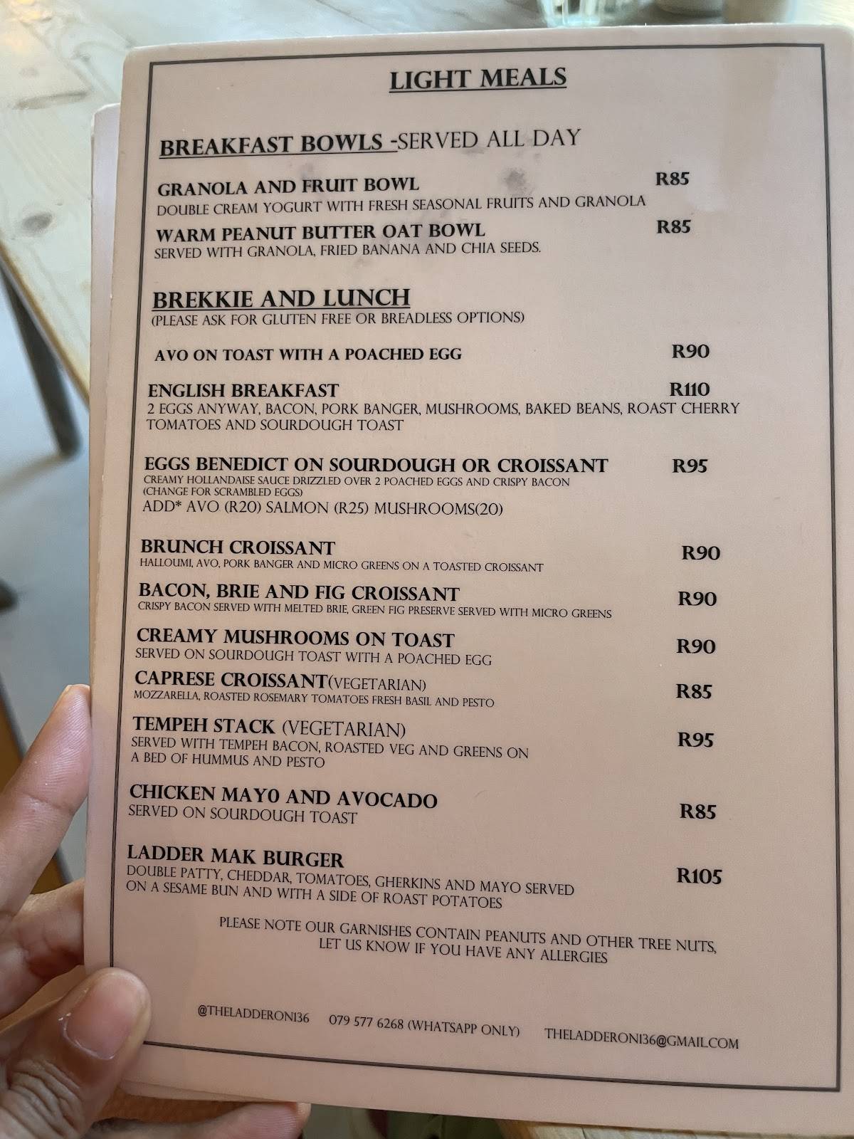 Menu at The Ladder cafe, Cape Town