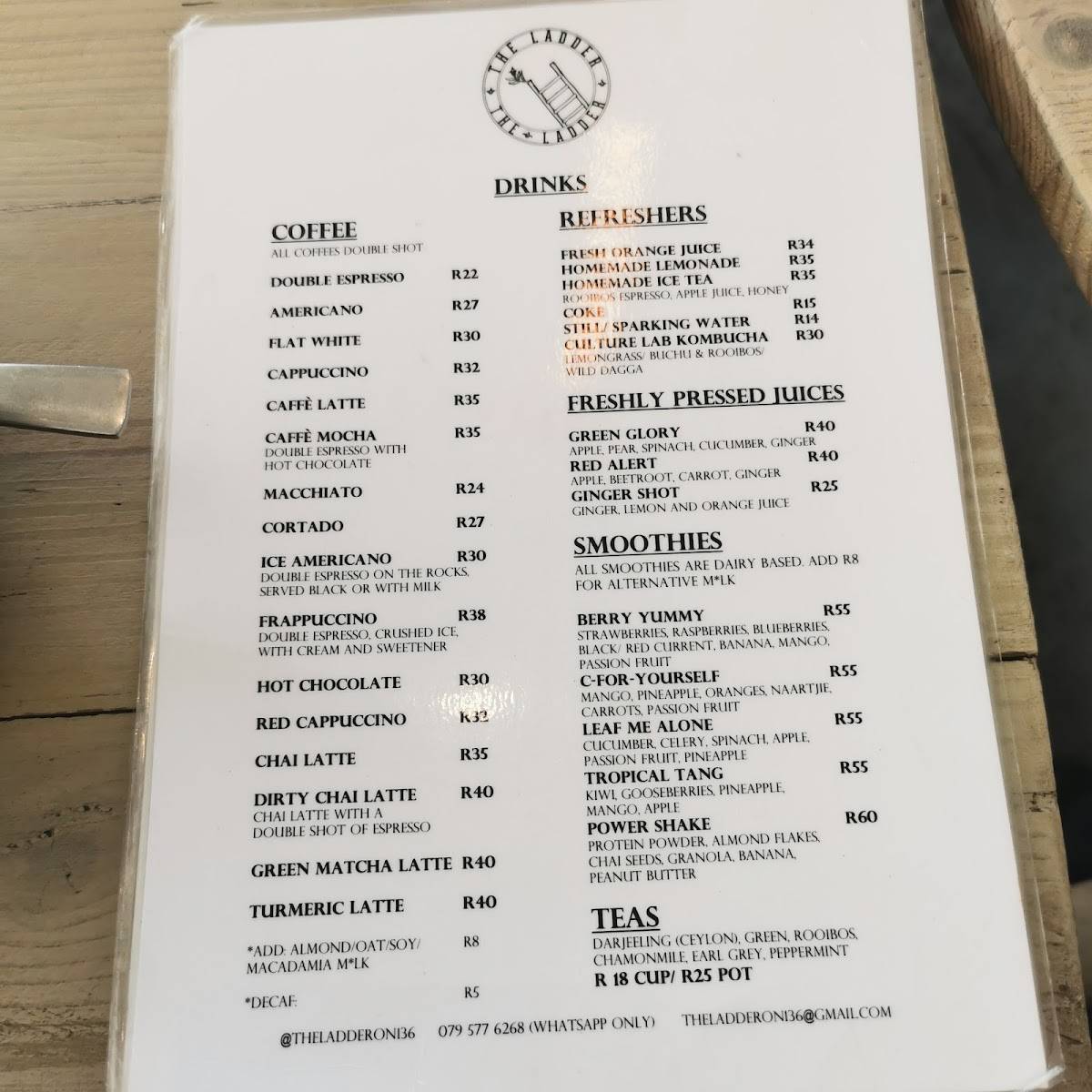 Menu at The Ladder cafe, Cape Town