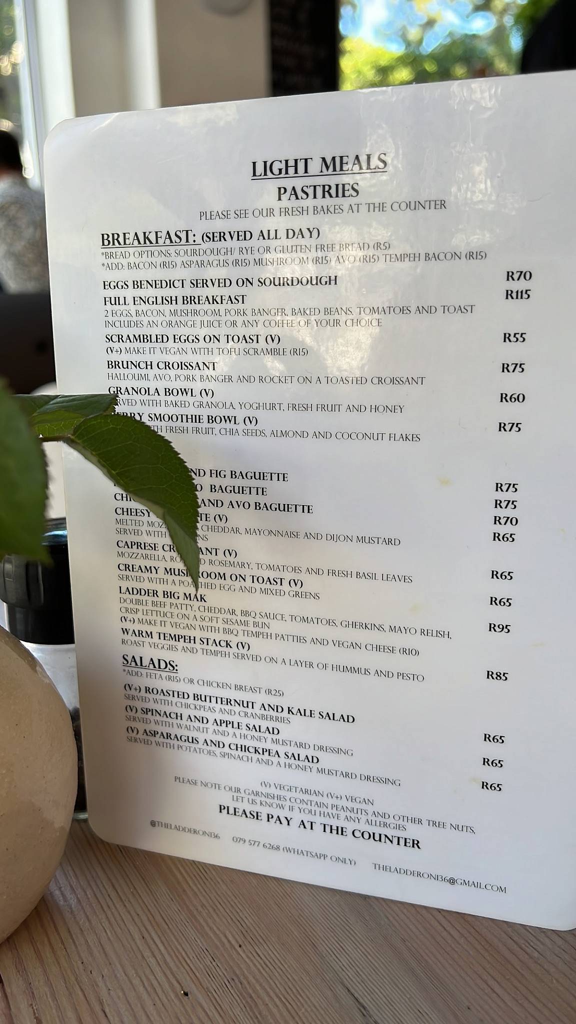 Menu at The Ladder cafe, Cape Town
