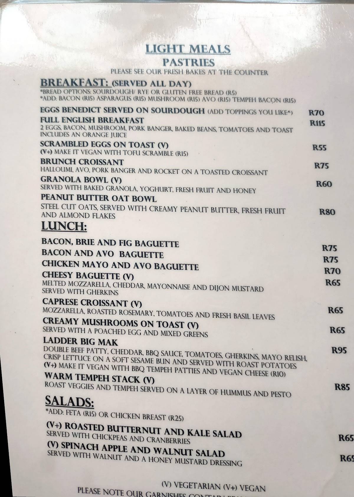 Menu at The Ladder cafe, Cape Town