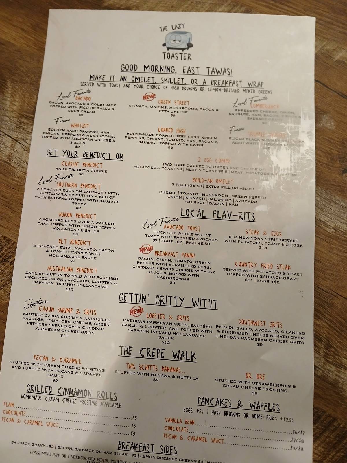 Menu at The Lazy Toaster restaurant, East Tawas