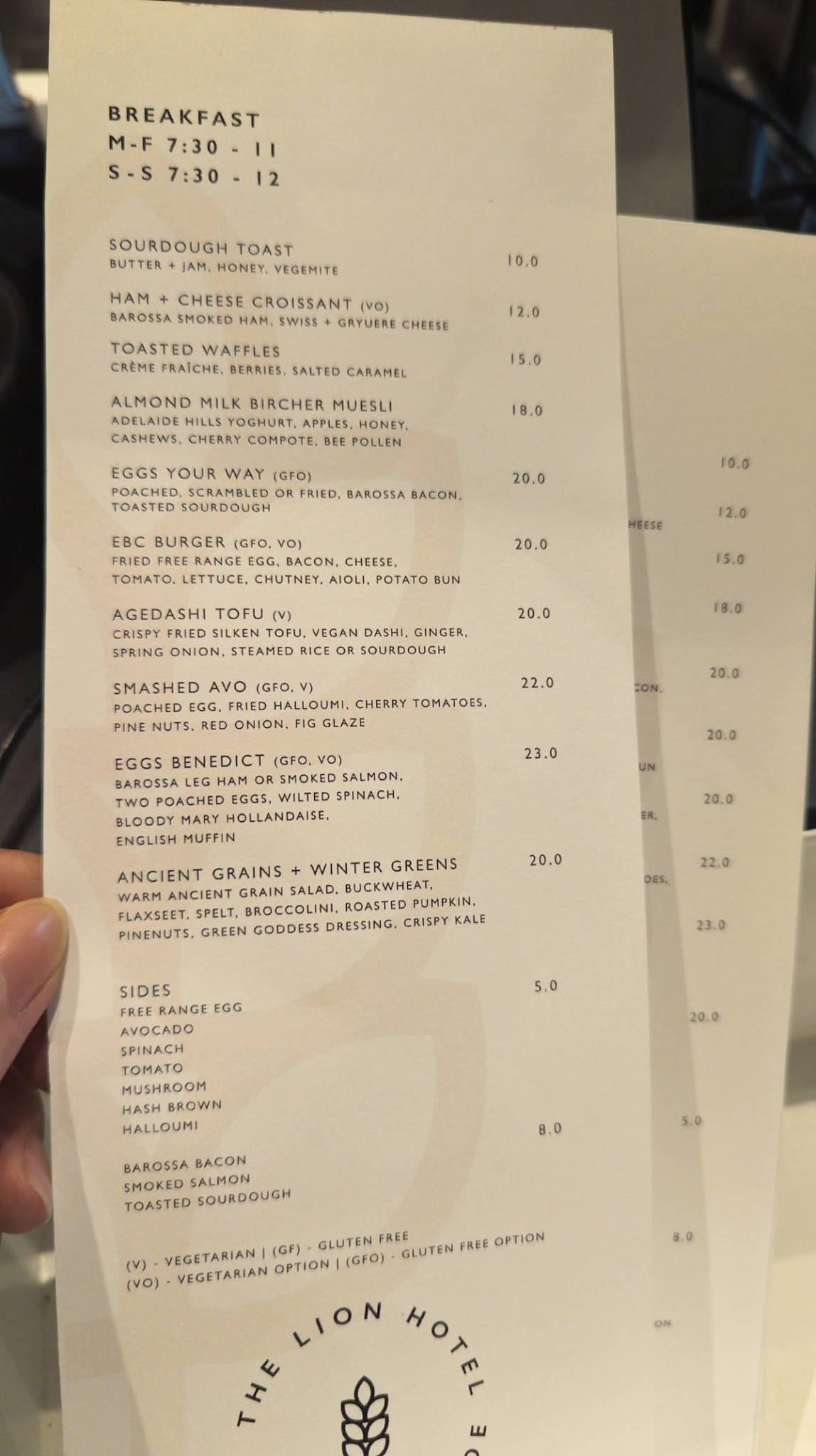 Menu at The Lion Hotel pub & bar, North Adelaide