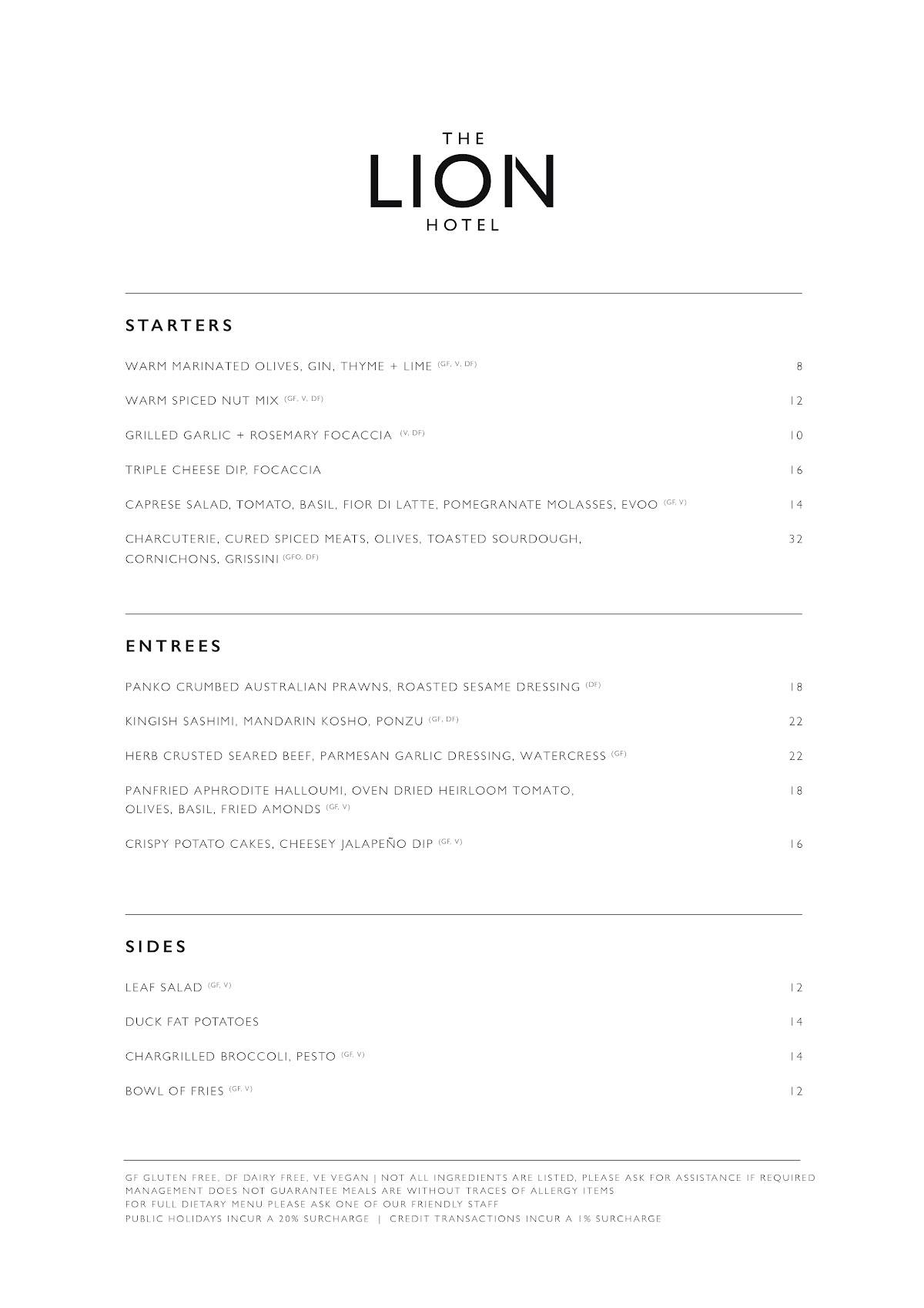 Menu at The Lion Hotel pub & bar, North Adelaide