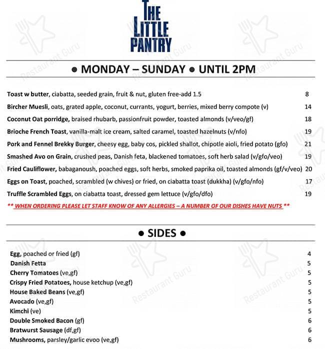 Menu at The Little Pantry cafe, Shenton Park, 206 Nicholson Rd