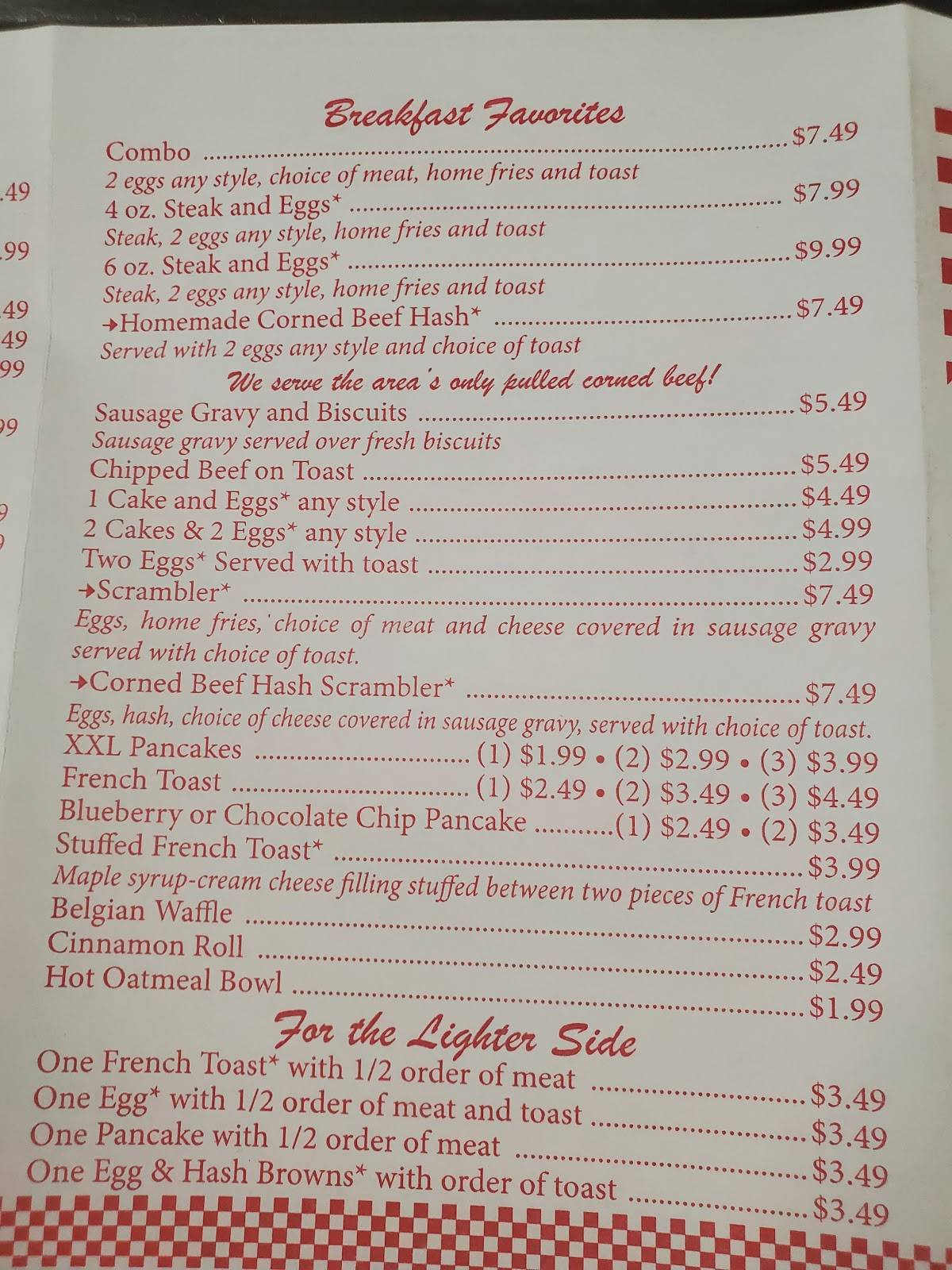 Menu at The Little Red Diner restaurant, Port Allegany