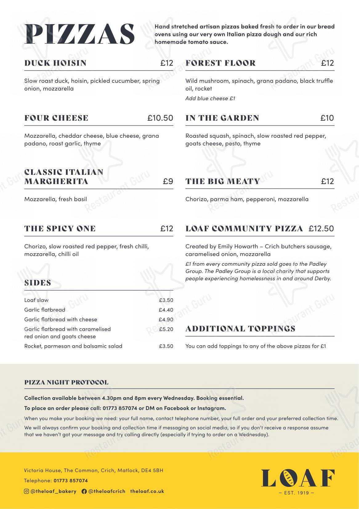 Menu at The Loaf cafe, Crich