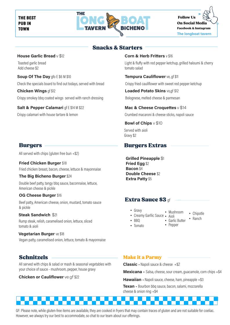 Menu at The Long Boat Tavern pub & bar, Bicheno