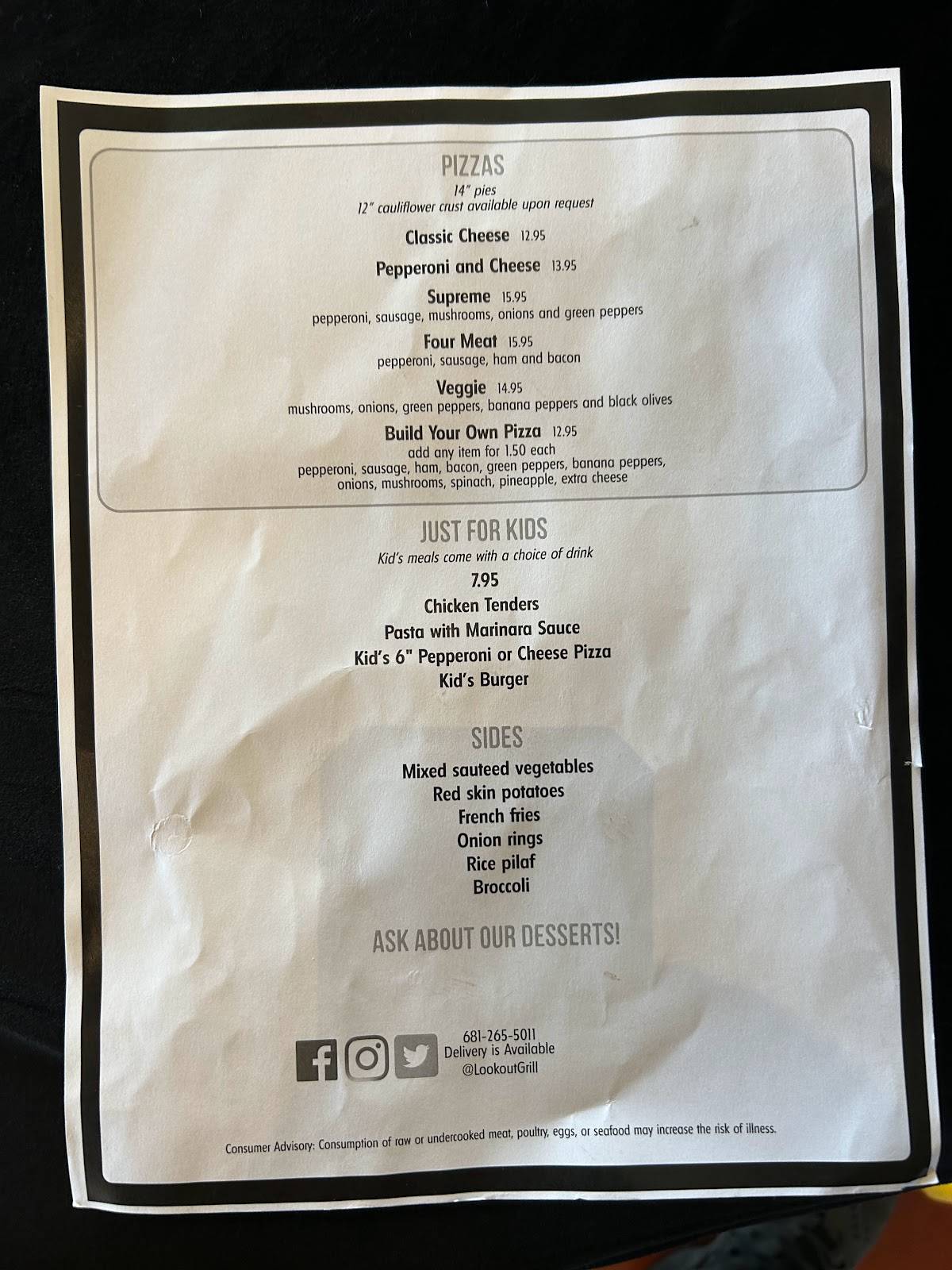 Menu at The Lookout Bar & Grill at Eagle View, Charleston
