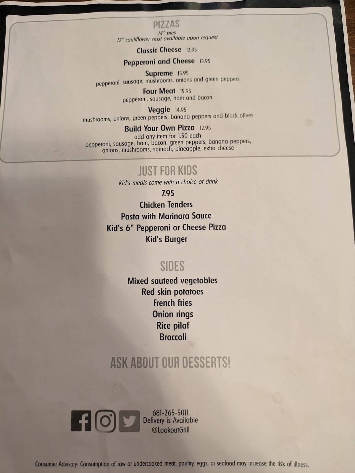 Menu at The Lookout Bar & Grill at Eagle View, Charleston