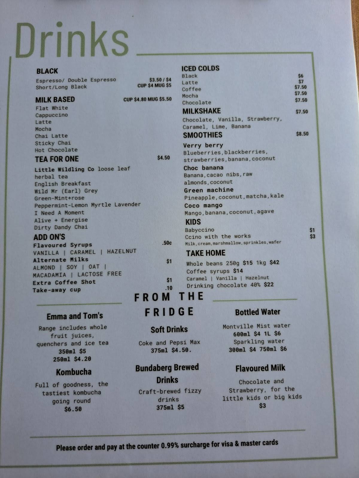 Menu at The Lookout Cafe, Australia