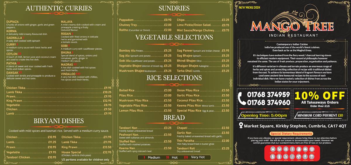 Menu at The Mango Tree restaurant, Kirkby Stephen